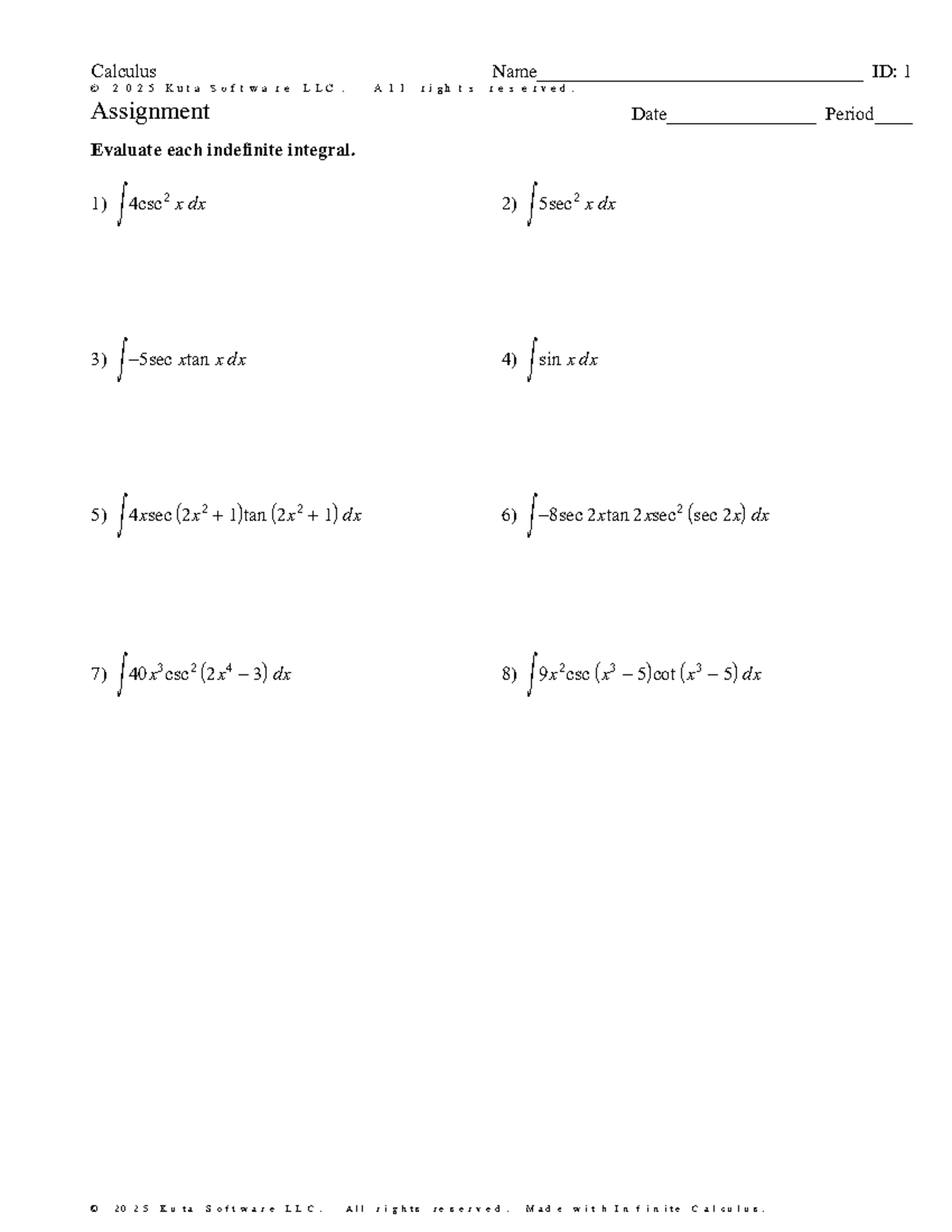 Calculus (MATH101) Indefinite Trig Integrals Worksheet - Studocu