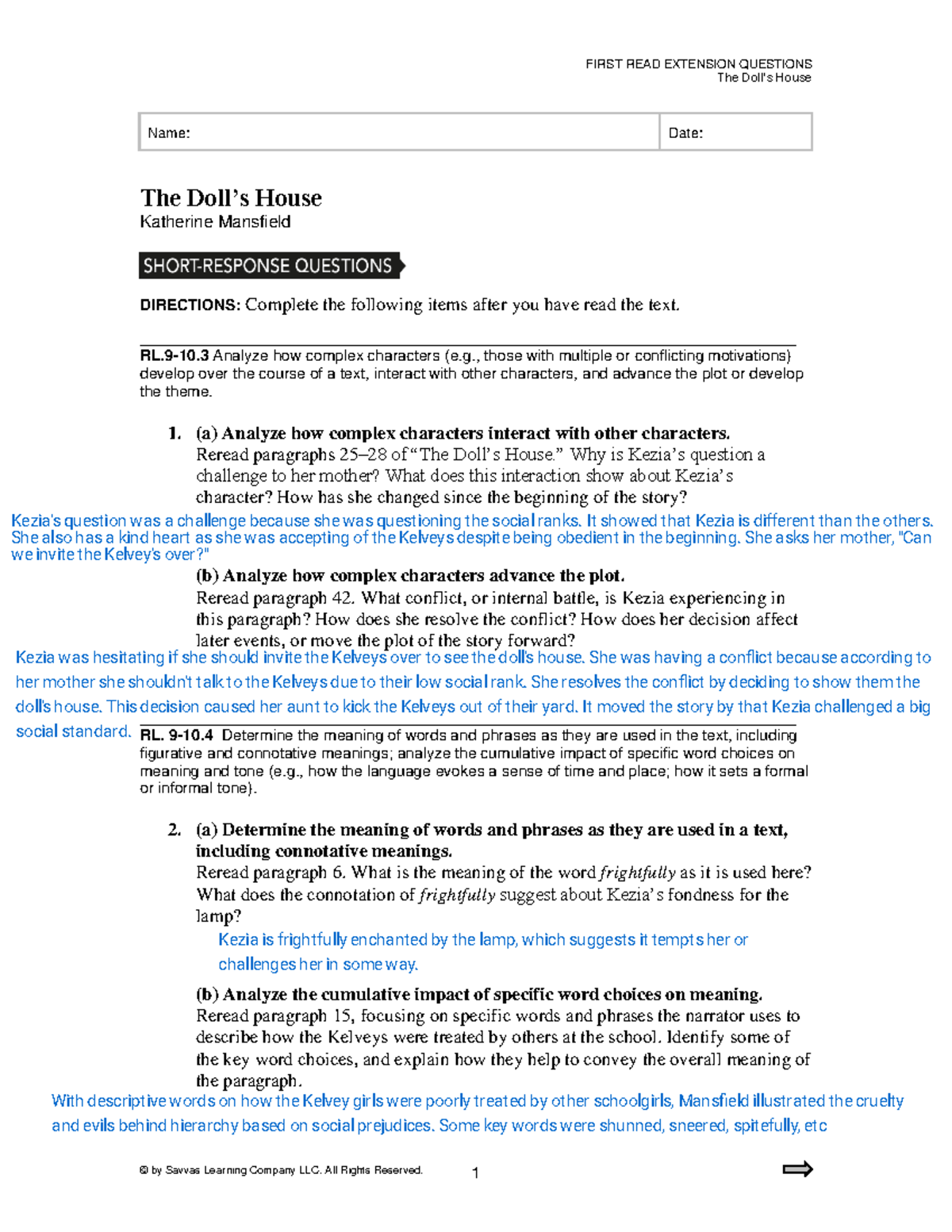 Short response questions pearson - FIRST READ EXTENSION QUESTIONS The ...