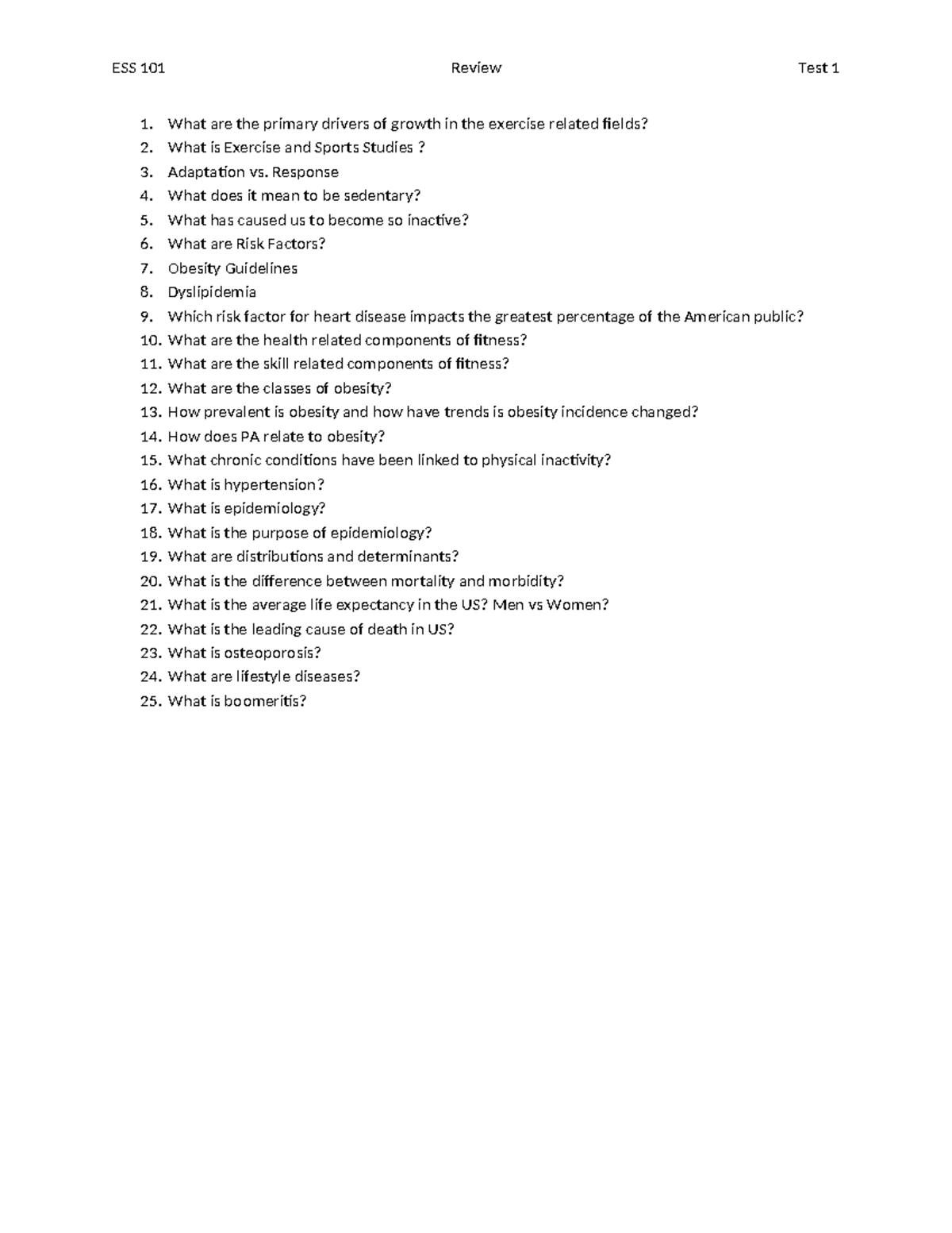 ESS 101 Review Test 1: Key Concepts in Exercise & Sports Studies - Studocu