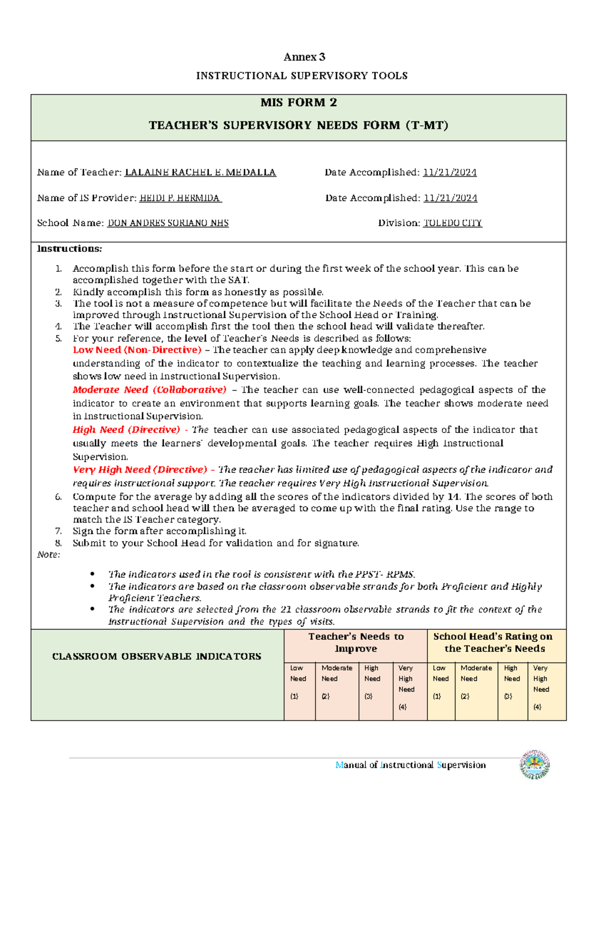 MIS Forms 2, 3, and 4: Teacher's Supervisory Needs & Classroom ...