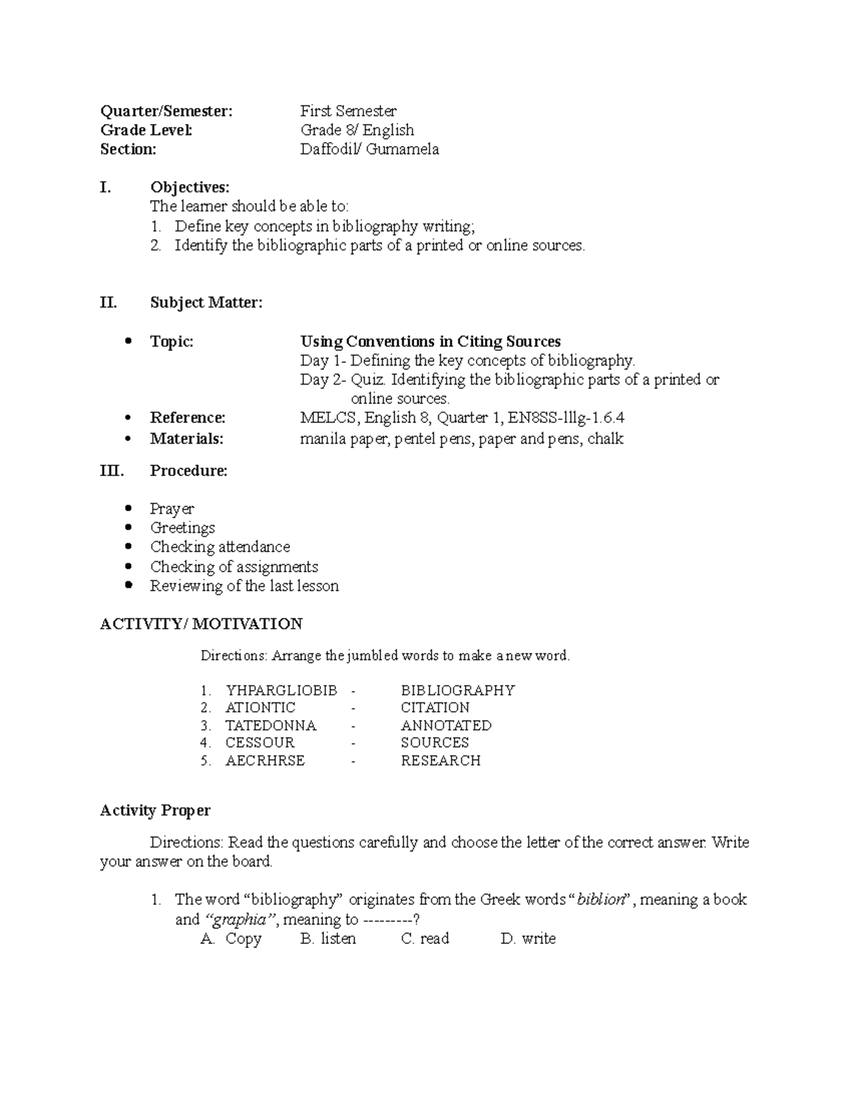 English 8 - Bibliography Writing and Citing Sources Overview - Studocu