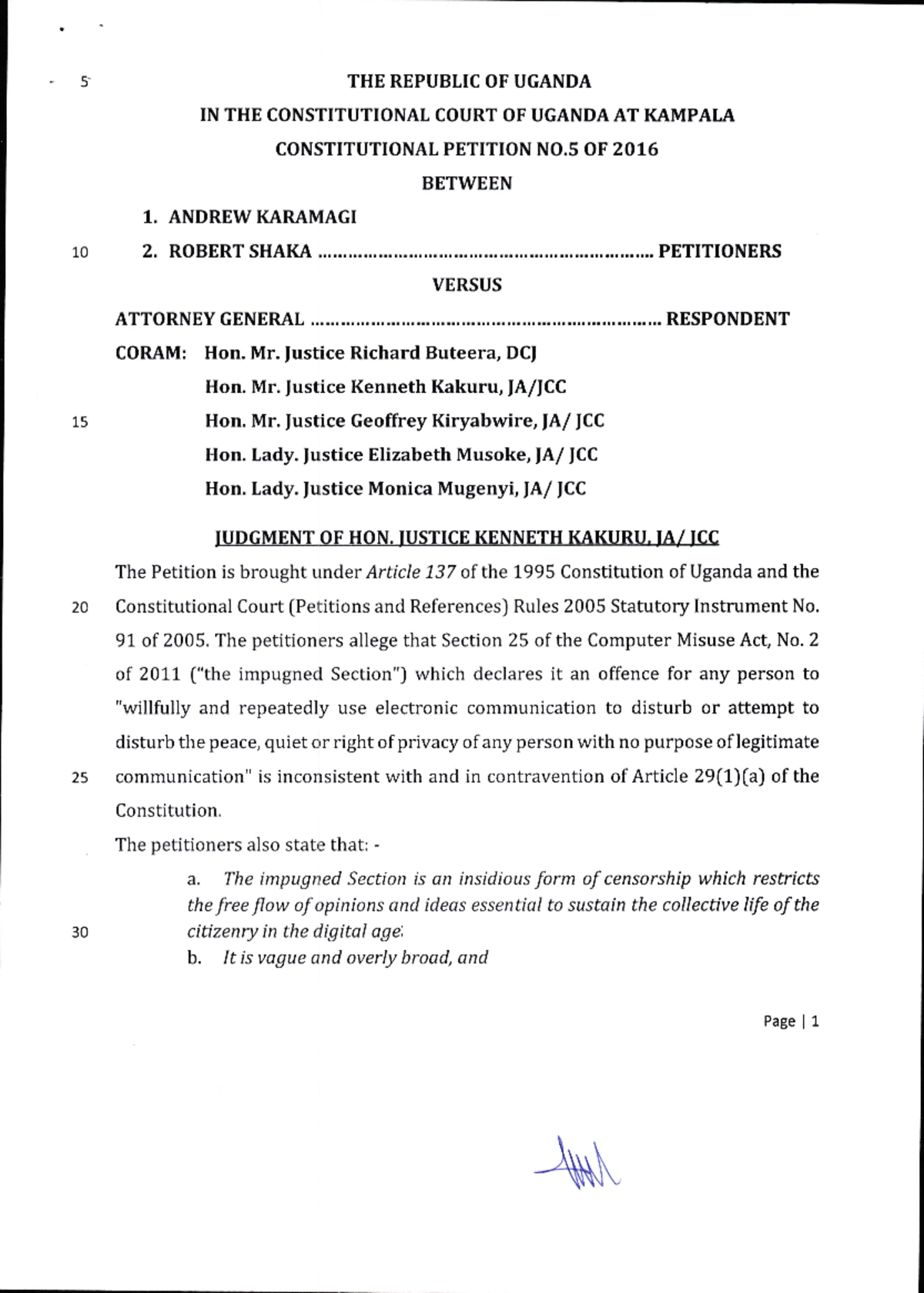 Andrew Karamagi - Judgment on Free Speech in Uganda's Constitutional ...