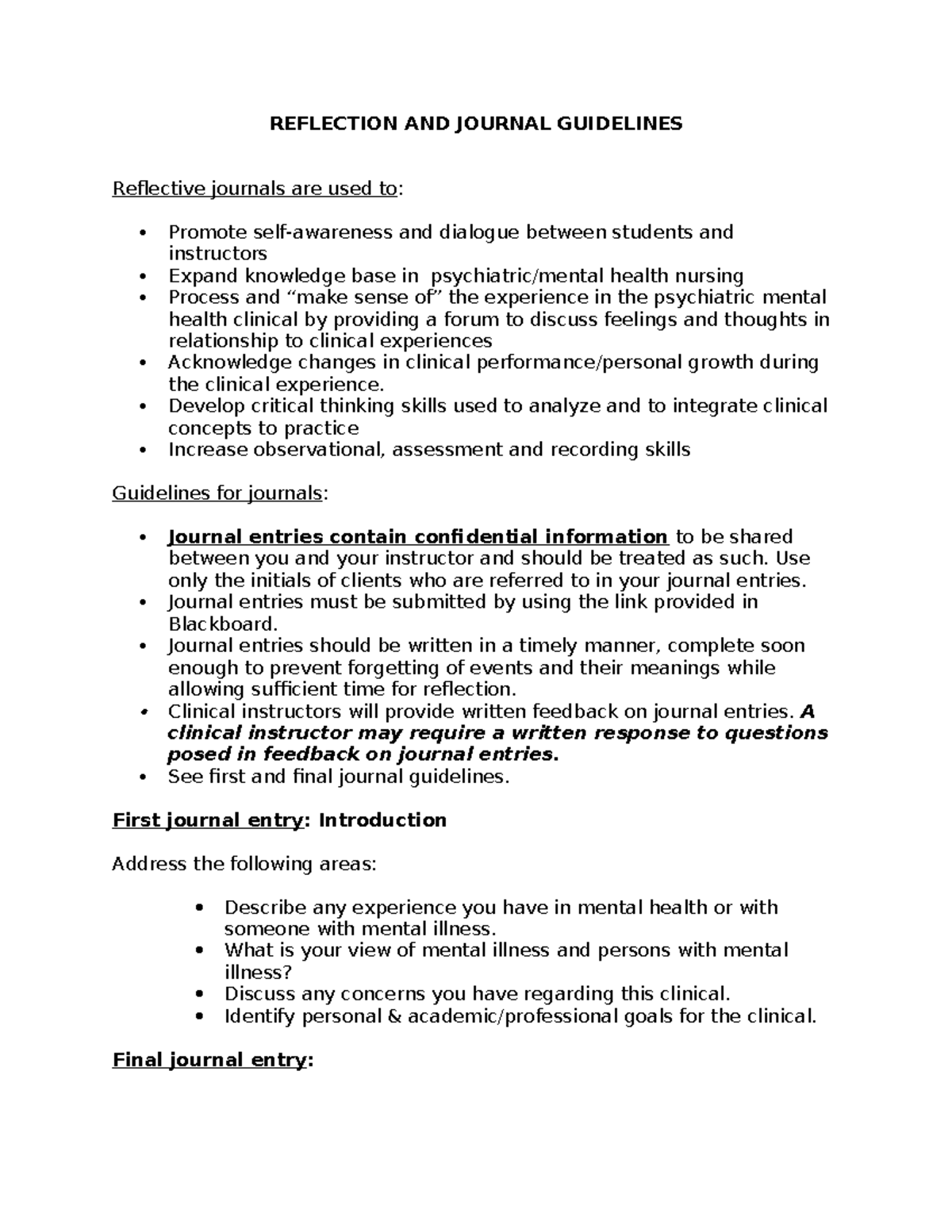 NURS1023 Reflection and Journal Guidelines - REFLECTION AND JOURNAL ...