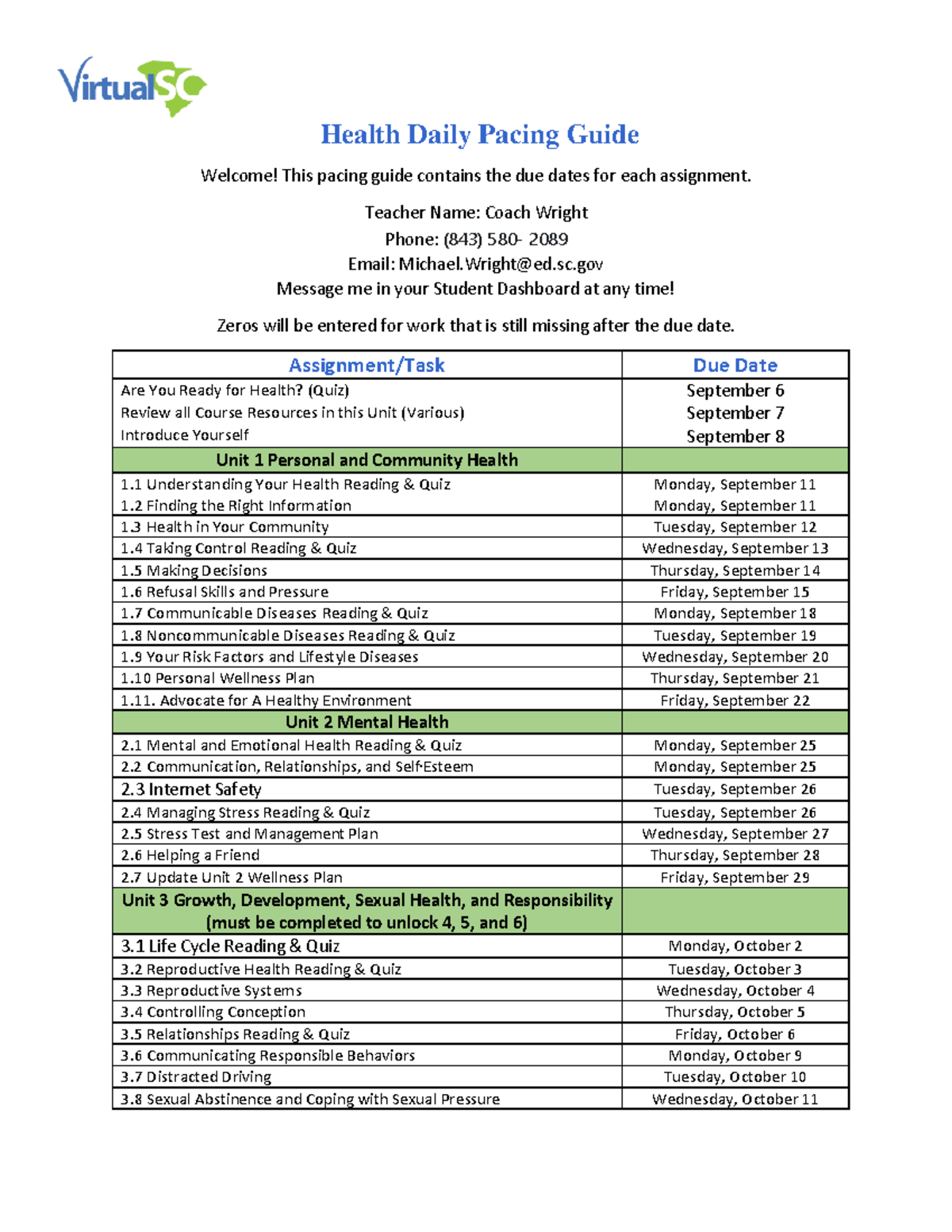 Health Pacing Guide Fall 23 - Health Daily Pacing Guide Welcome! This ...