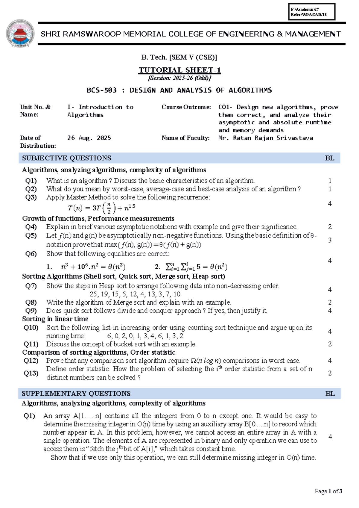 B. Tech. V - T1 Lecture Notes: Design & Analysis of Algorithms - Studocu