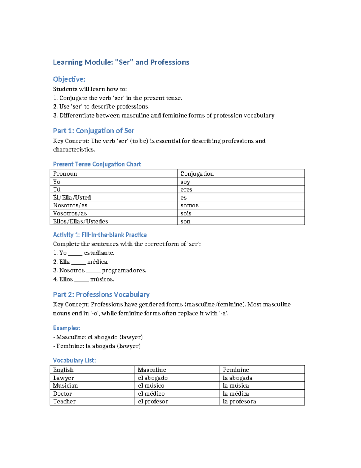 Learning Module: Conjugating 'Ser' and Professions in Spanish - Studocu