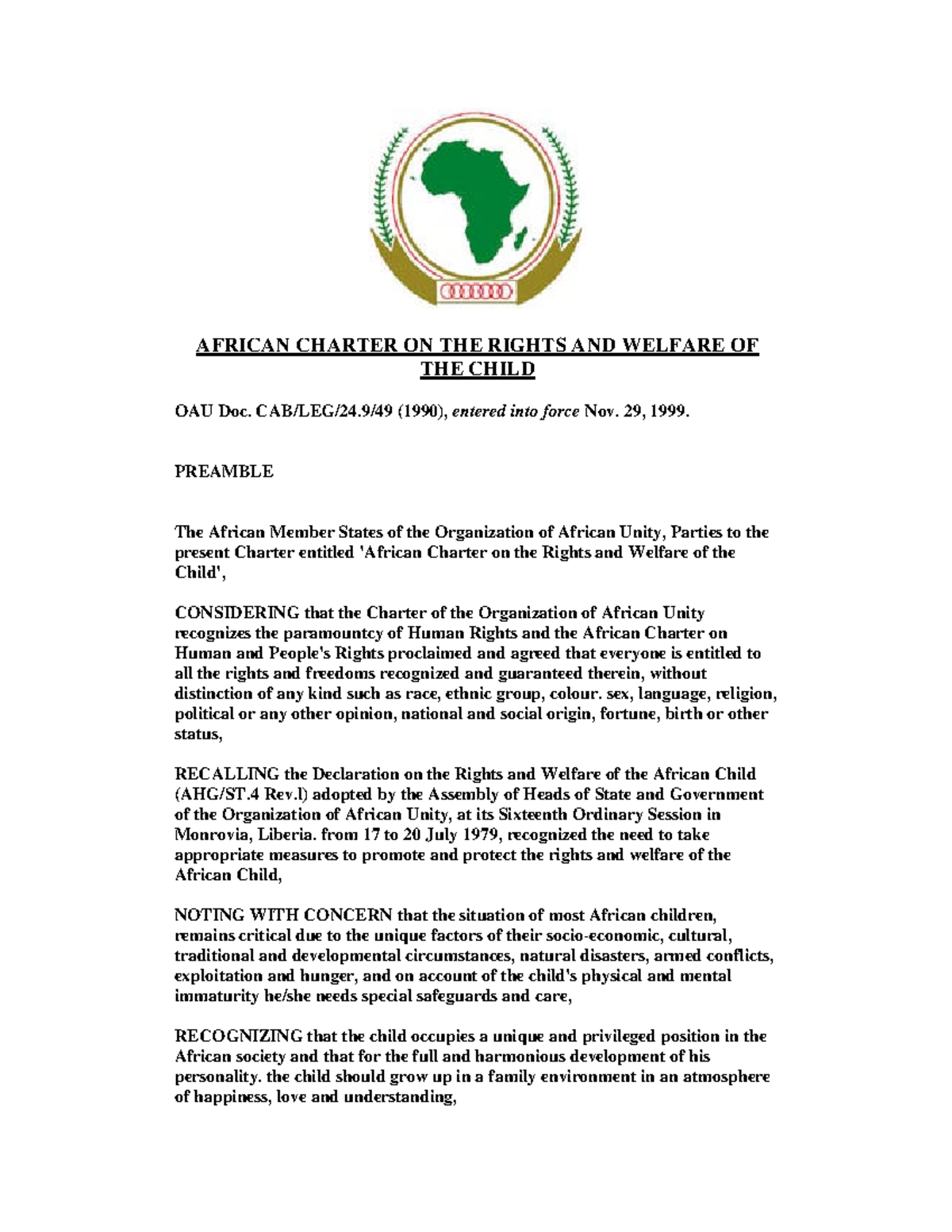 African Charter on the Rights and Welfare of the Child (OAU, 1990 ...