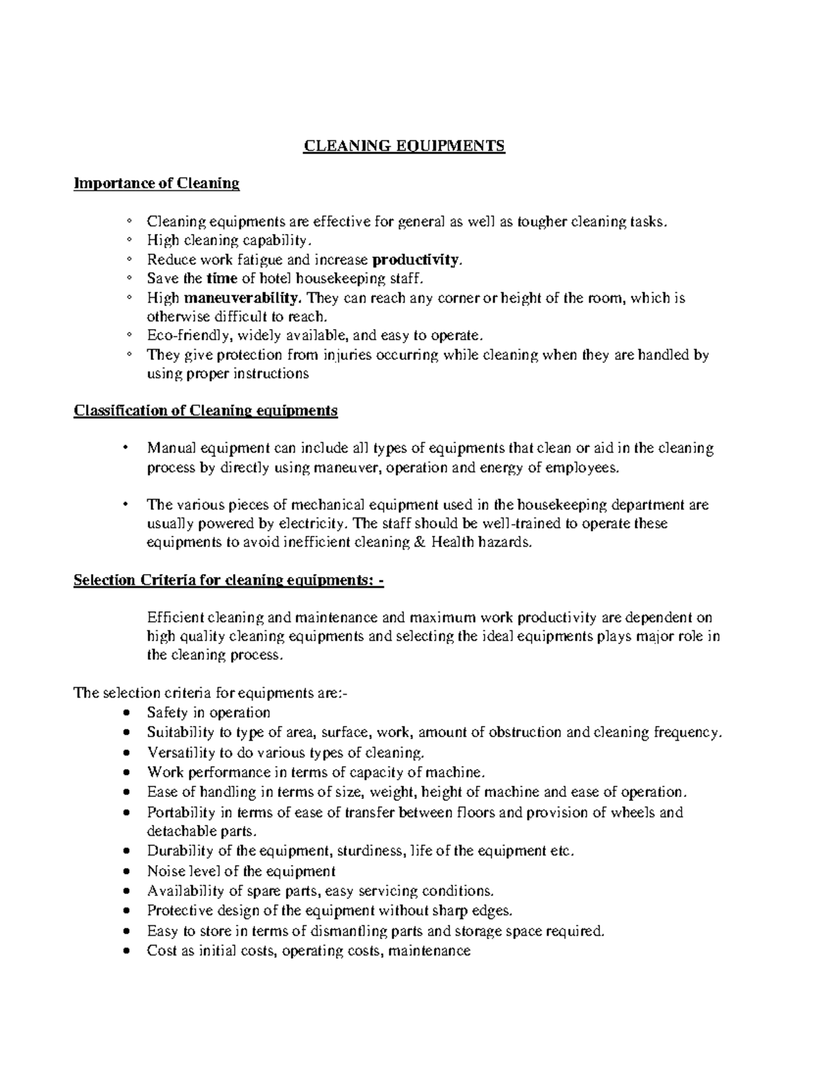 Chapter 6: Cleaning Equipments in Hotel Housekeeping - Studocu