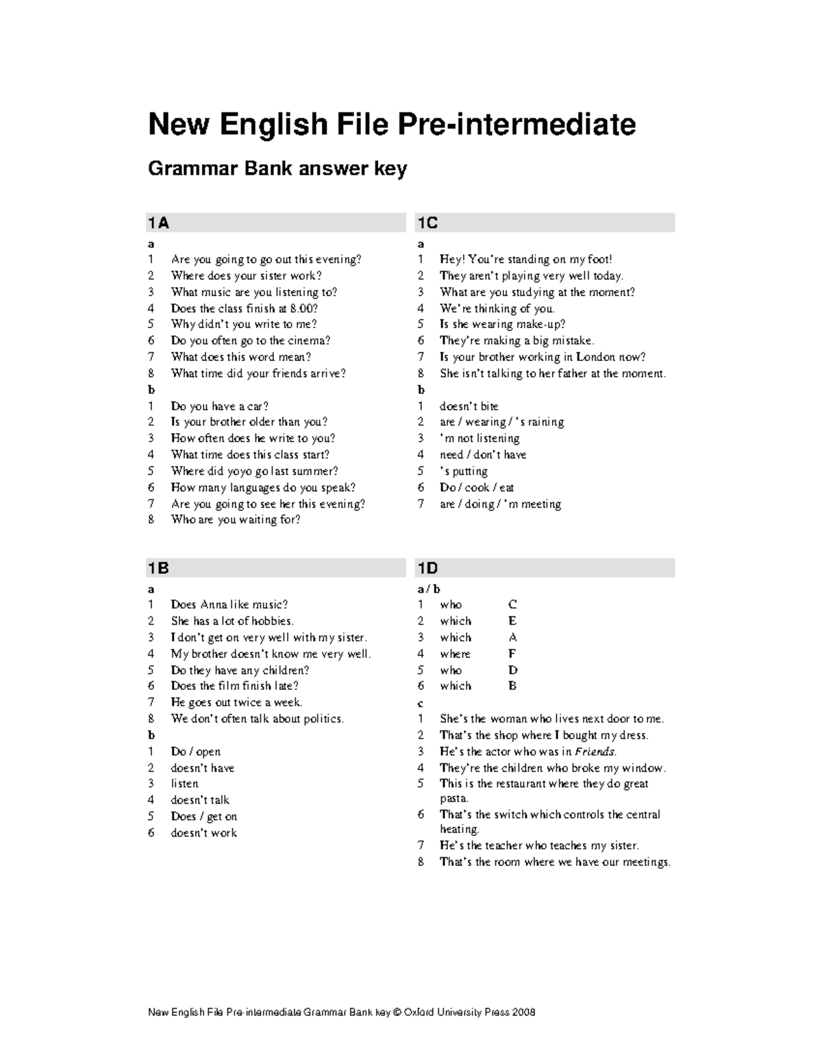 New English File Pre-Intermediate: Grammar Bank Answers Overview - Studocu