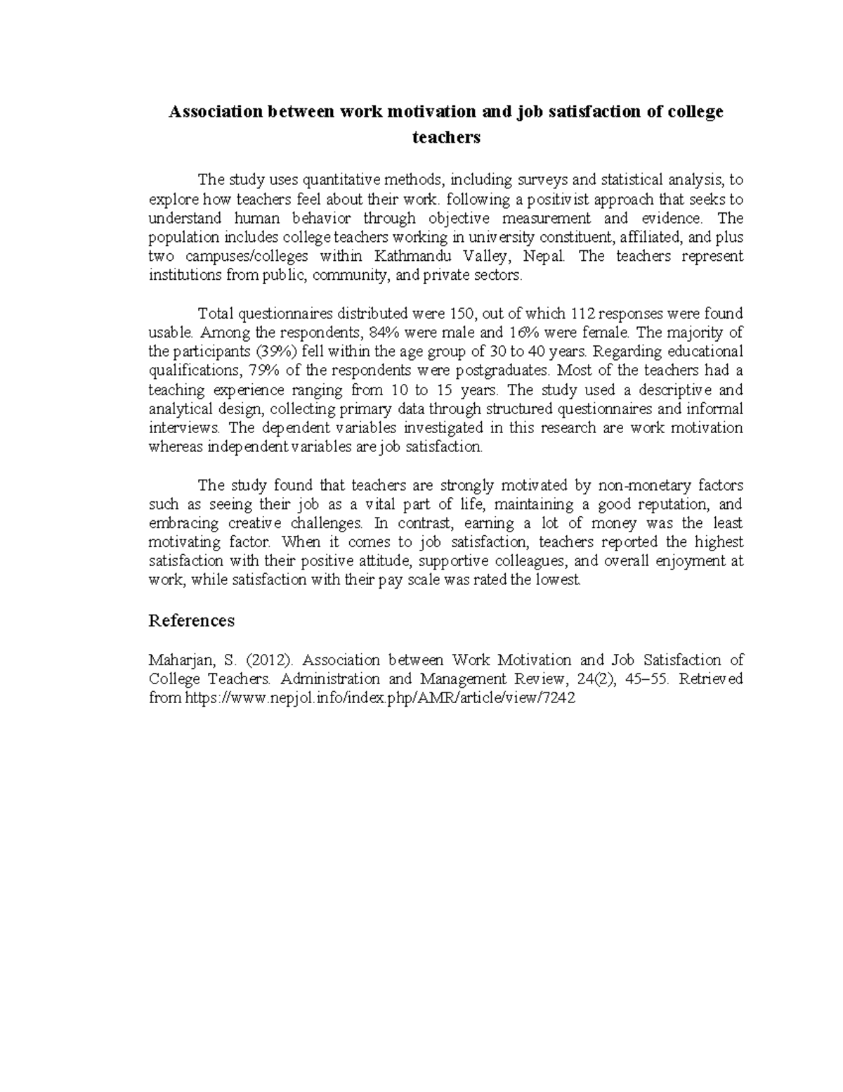 Work Motivation & Job Satisfaction of College Teachers: A Study - Studocu