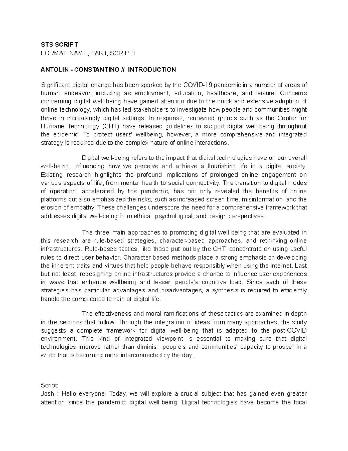 STS SCRIPT: Digital Wellbeing Strategies in the Pandemic Era - Studocu