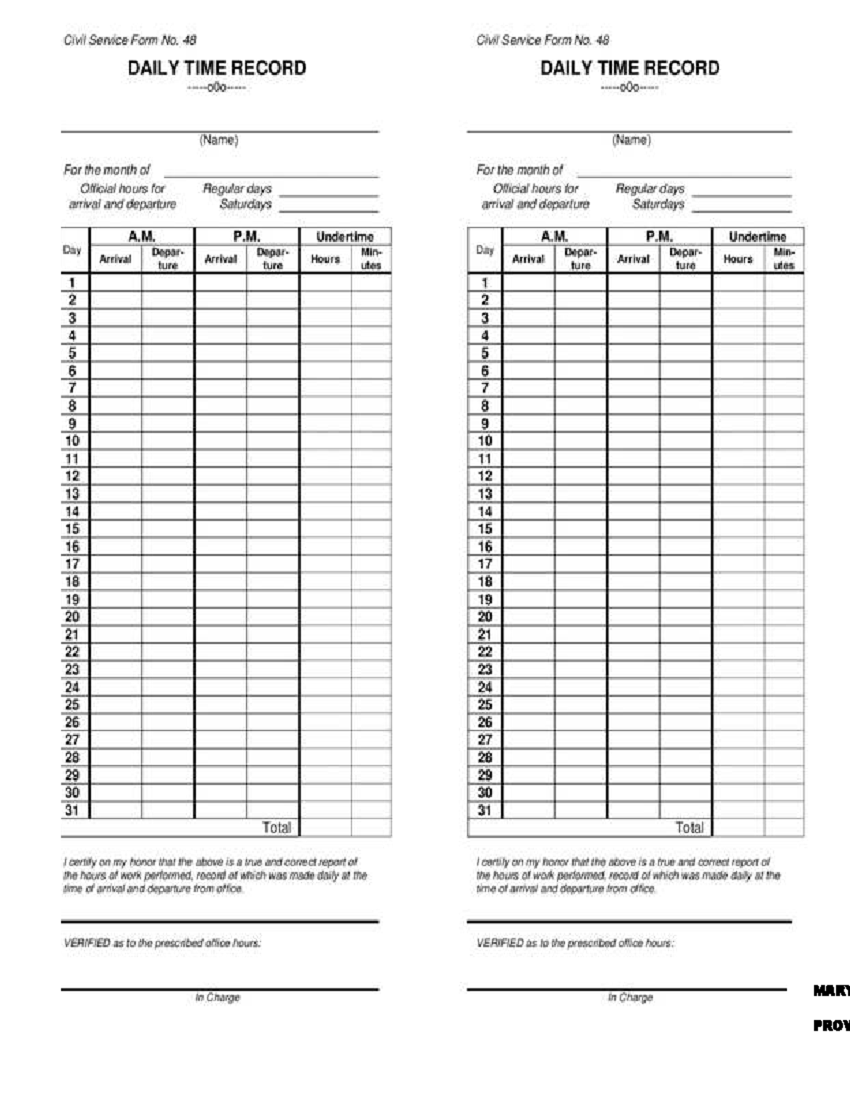 Civil Service Form No. 48: Blank Daily Time Record (DTR) - Lecture ...