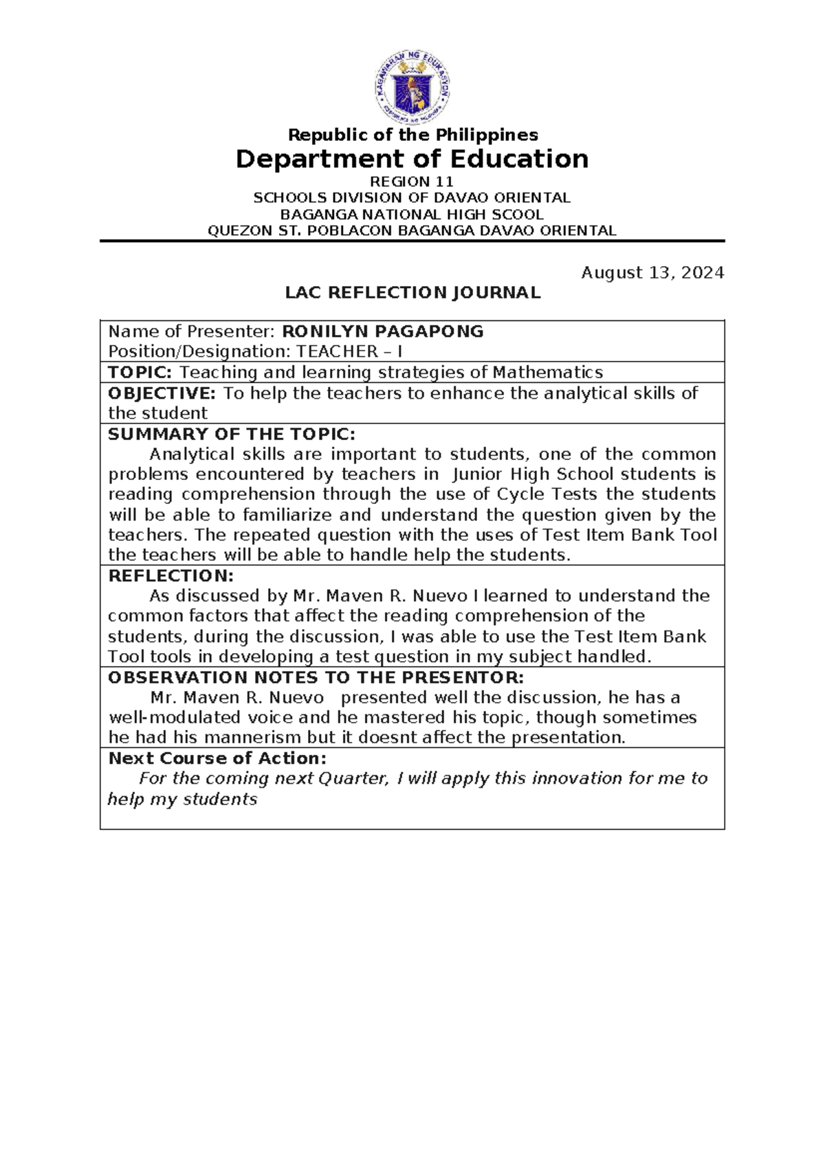 LAC Reflection Journal: Enhancing Math Teaching Strategies - Studocu