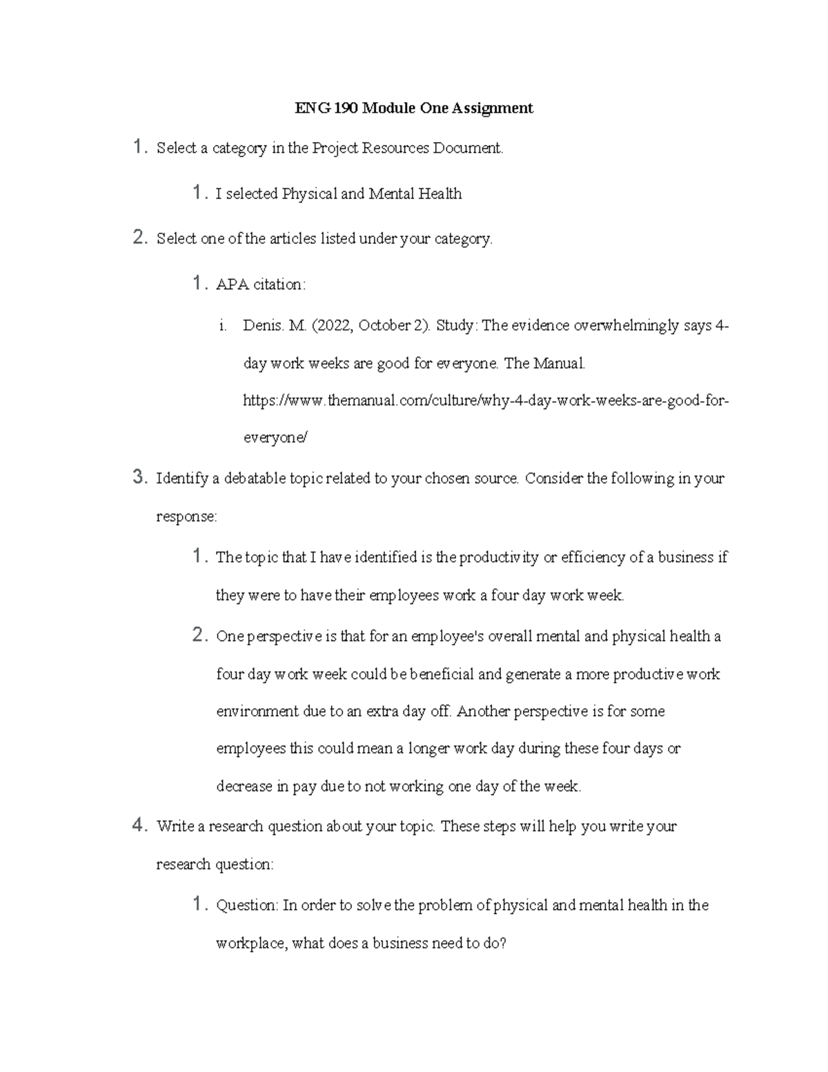 ENG 190 Module One Assignment: Health & Work Week Analysis - Studocu