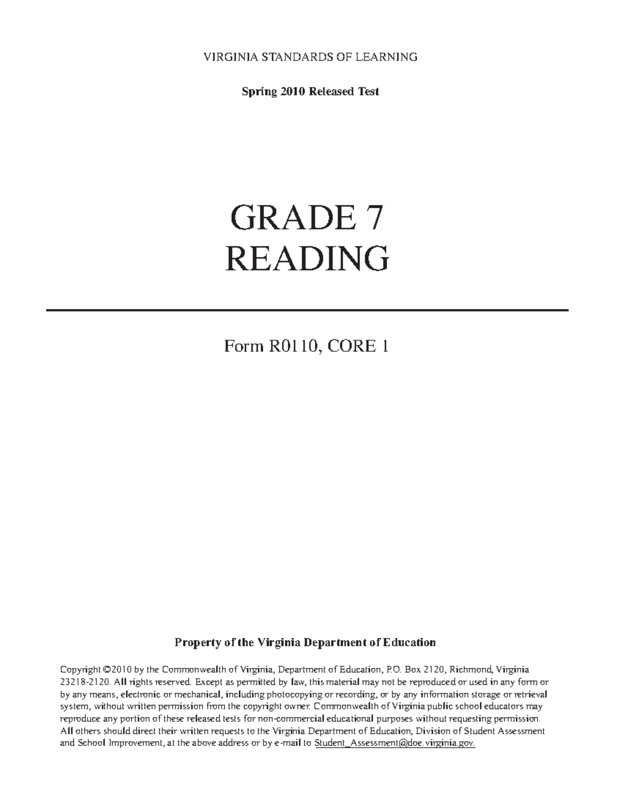 English Test Grade 7 - VIRGINIA STANDARDS OF LEARNING Spring 2010 ...
