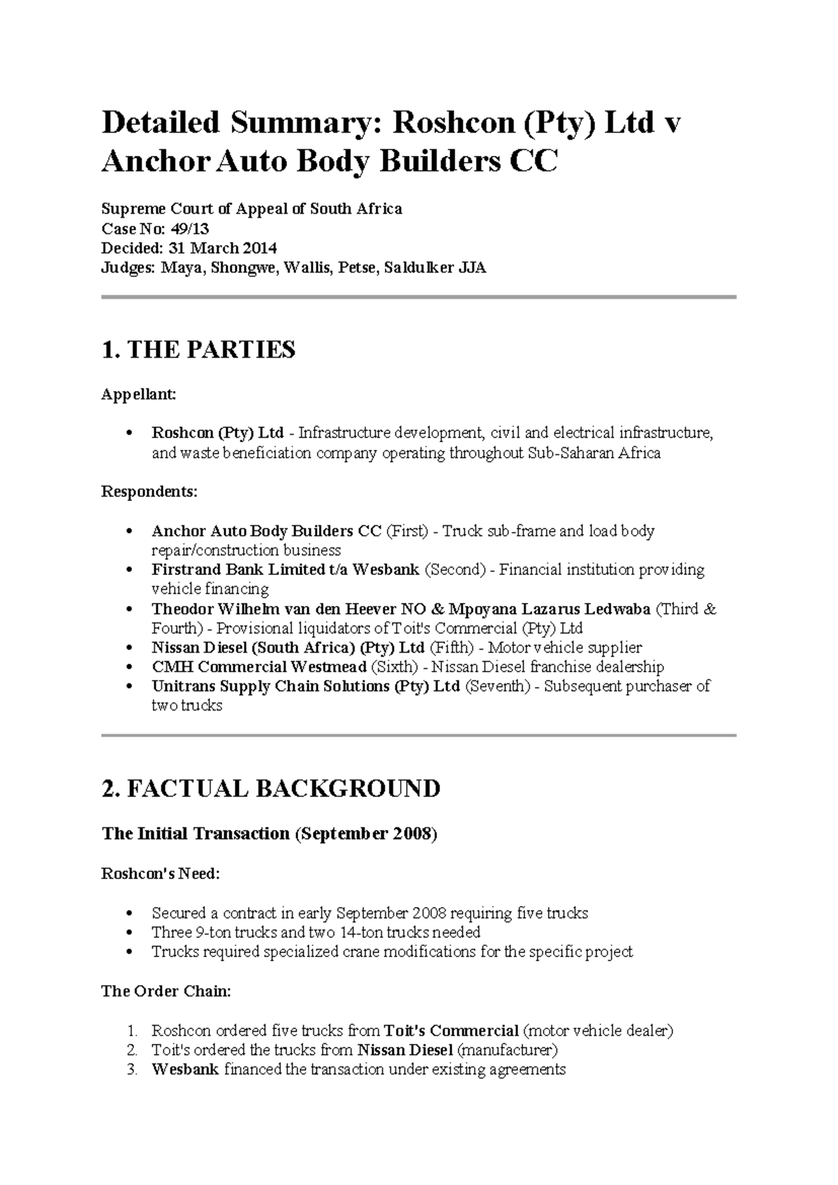 Detailed Case Summary: Roshcon (Pty) Ltd v Anchor Auto Body Builders CC ...