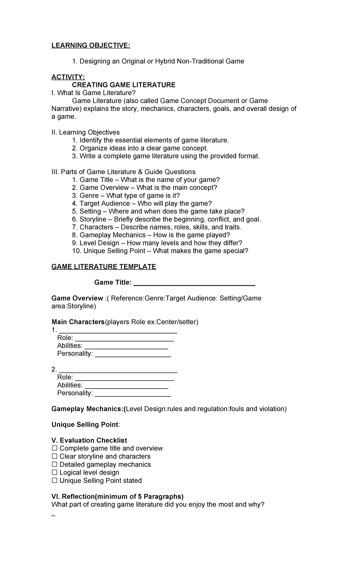 Game Literature Worksheet: Designing Original or Hybrid Games - Studocu