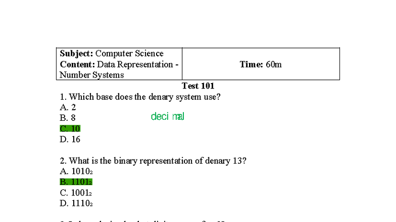 Computer Science Test 101: Data Representation & Number Systems - Studocu