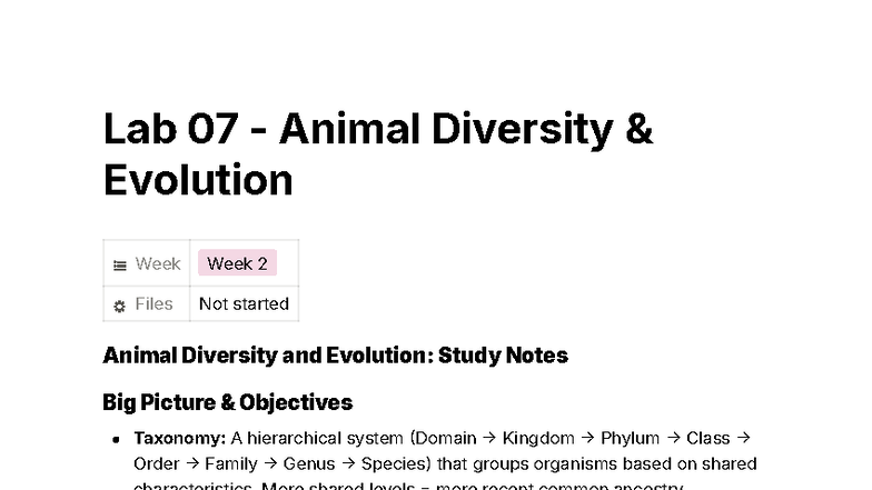 Lab 07: Animal Diversity & Evolution Study Notes and Experiments - Studocu