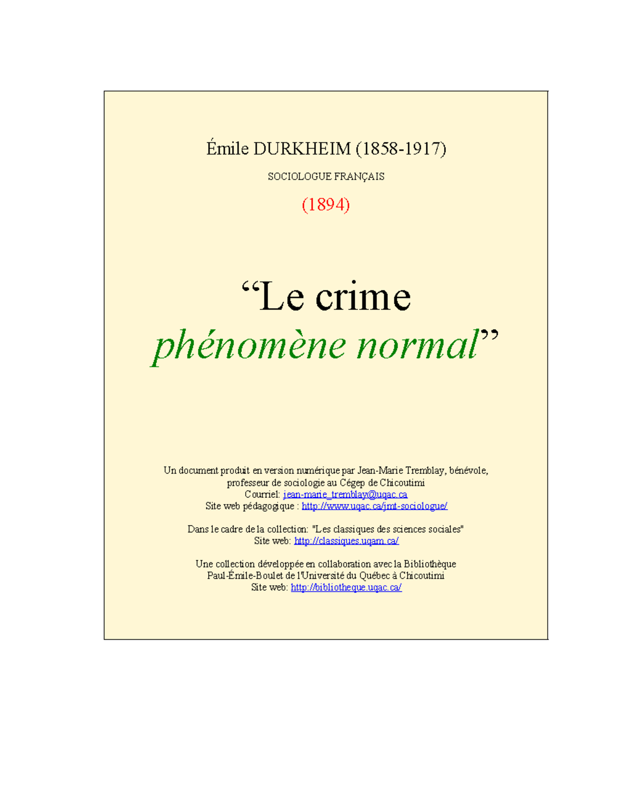 Émile Durkheim : Le Crime comme Phénomène Normal (1894) - Studocu