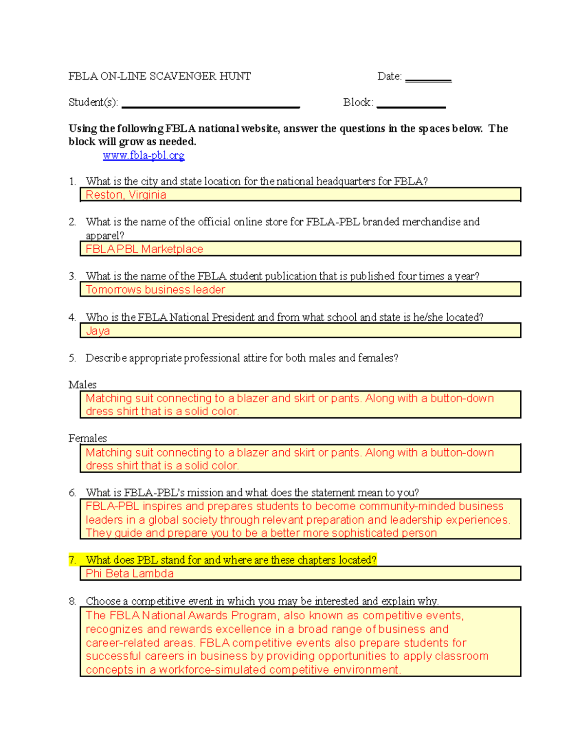 FBLA ON-LINE Scavenger HUNT DateNotes Part2 of Common History of ...