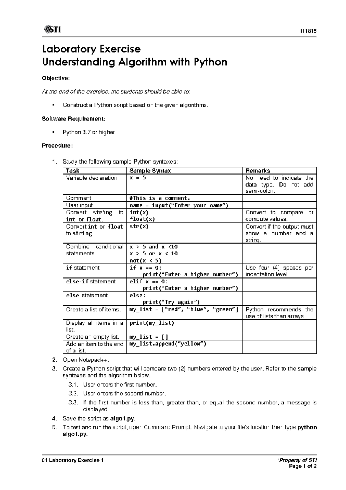 IT1 815 Lab Exercise 1: Understanding Algorithms with Python - Studocu