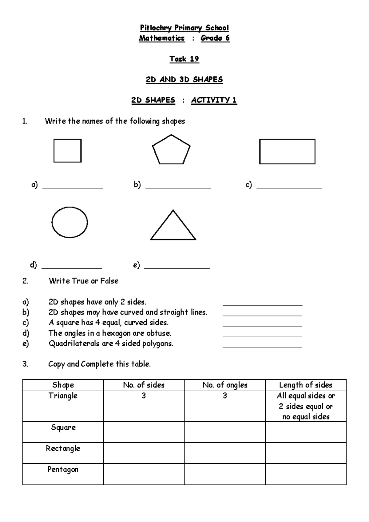 Grade 6 Math Task 19: 2D & 3D Shapes Activities - Studocu