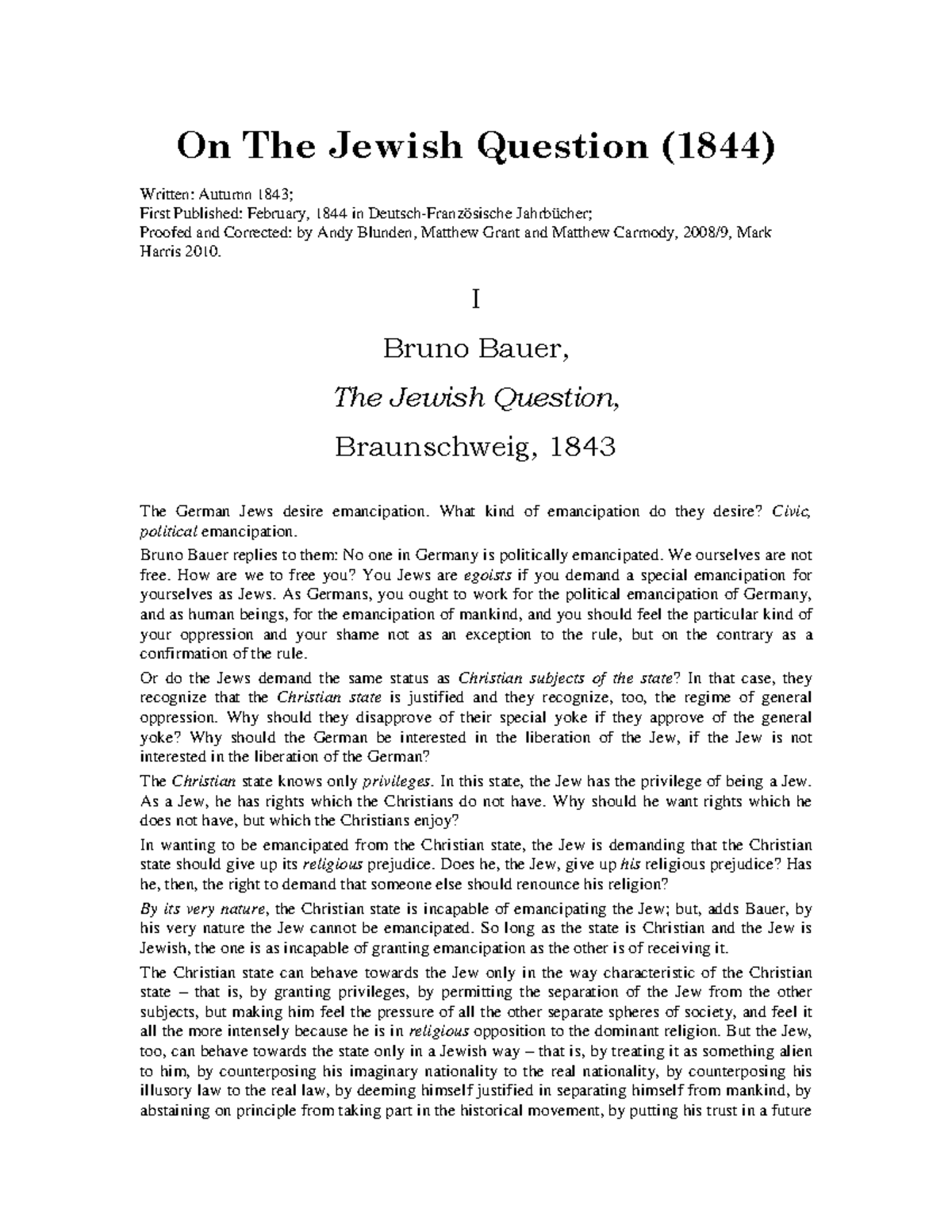 On The Jewish Question - Reading Notes - On The Jewish Question (1844 ...
