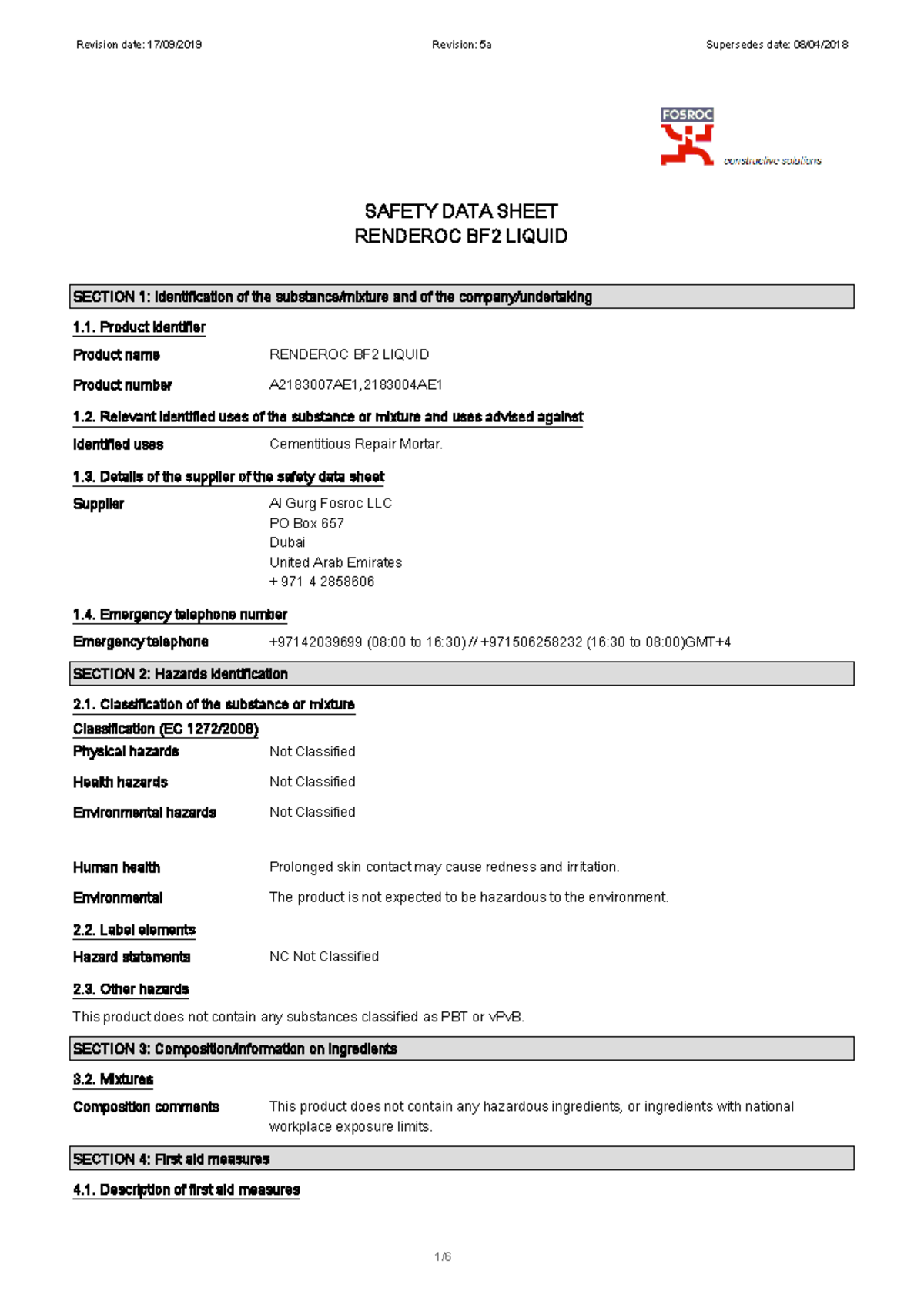 Safety Data Sheet: RENDEROC BF2 Liquid & Powder (Revision 6a) - Studocu