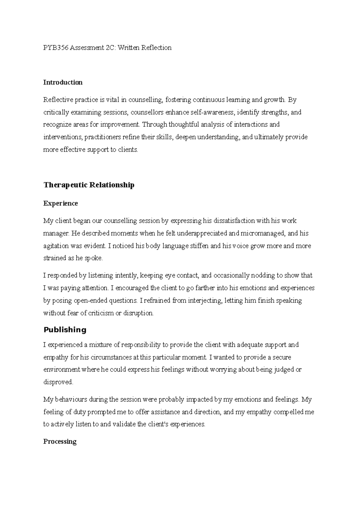 PYB356 Assessment 2C: Reflective Practice in Counselling Sessions - Studocu