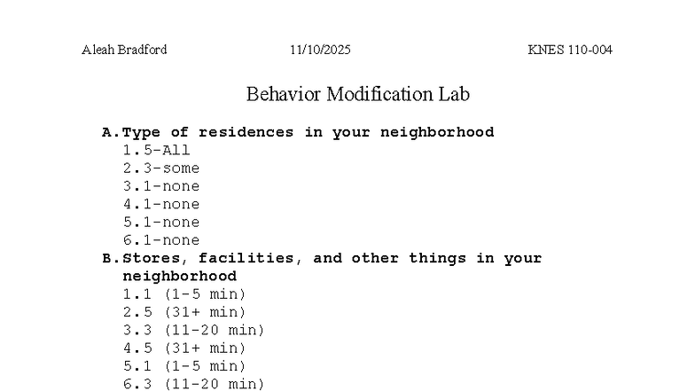KNES Behavior Modification Lab: Neighborhood Assessment Report - Studocu