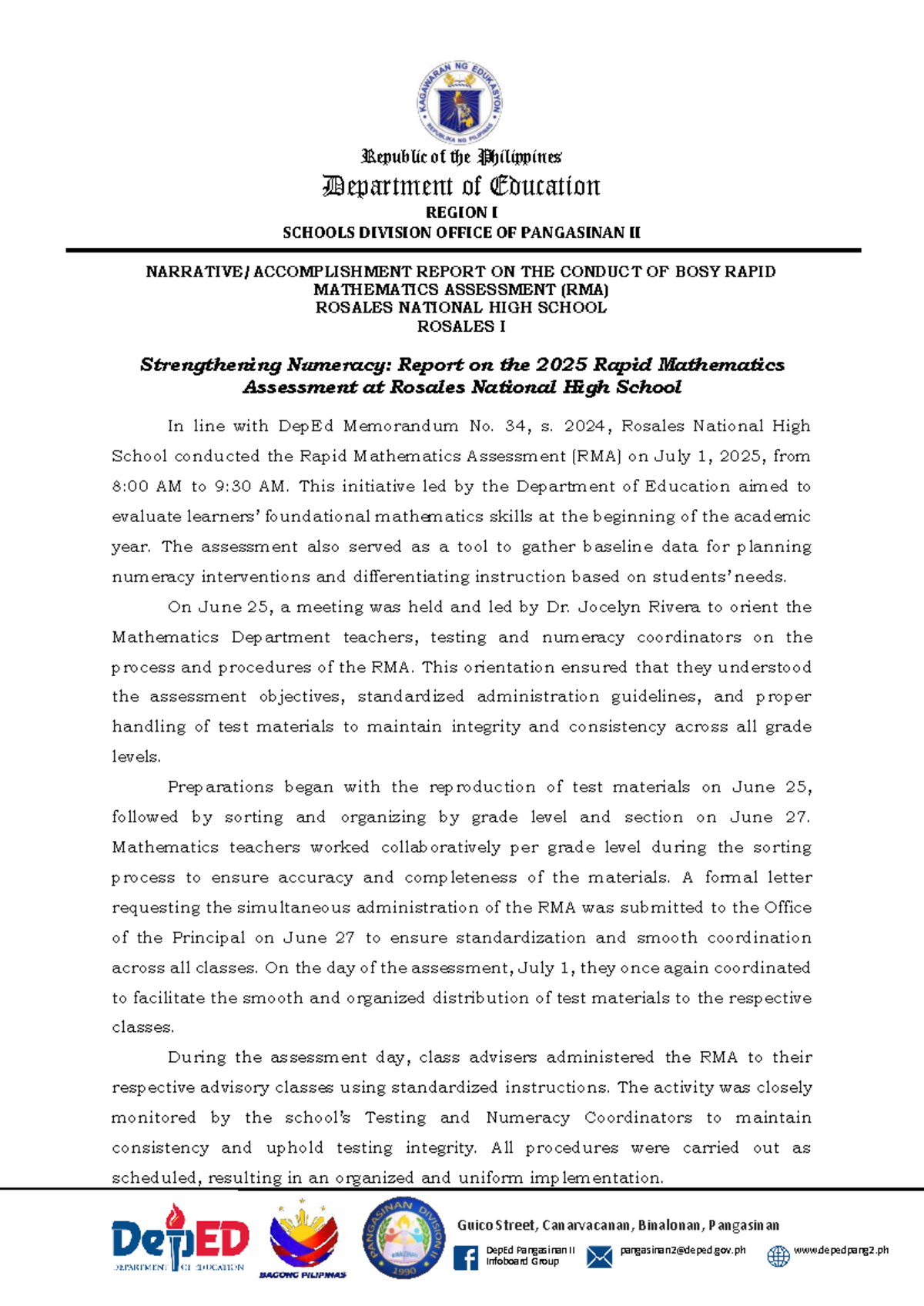 RMA 2025 Accomplishment Report: Strengthening Numeracy at Rosales NHS ...