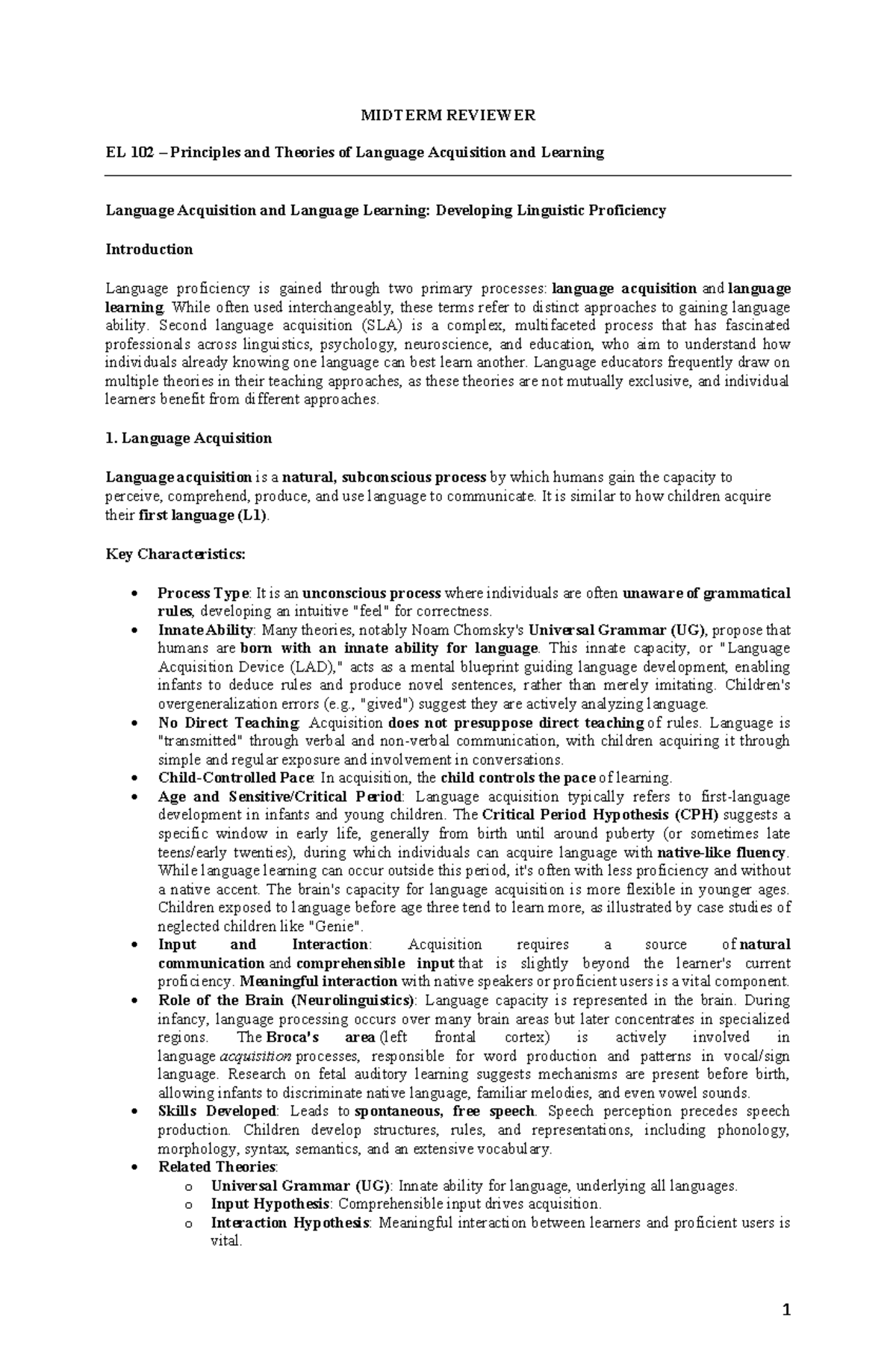 MIDTERM REVIEWER EL 102: Principles of Language Acquisition & Learning - Studocu