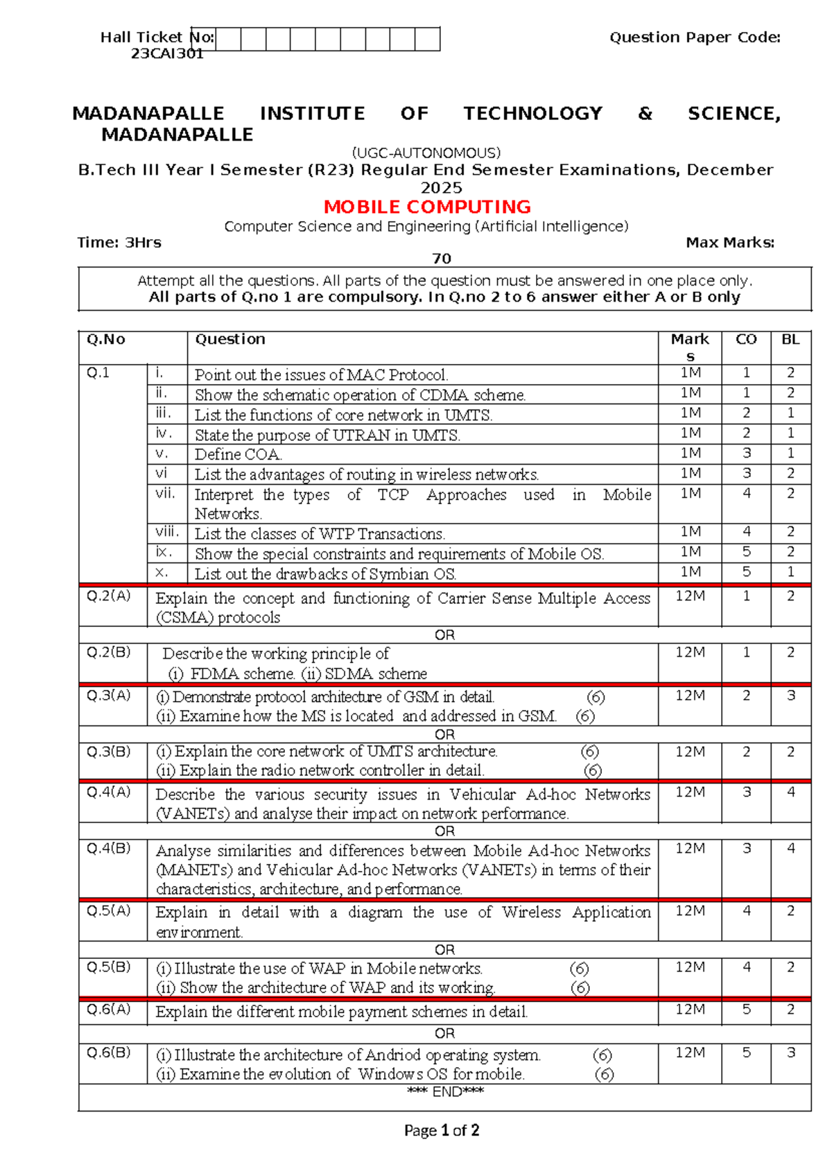 23CAI301 Mobile Computing End Semester Exam Paper - Dec 2025 - Studocu