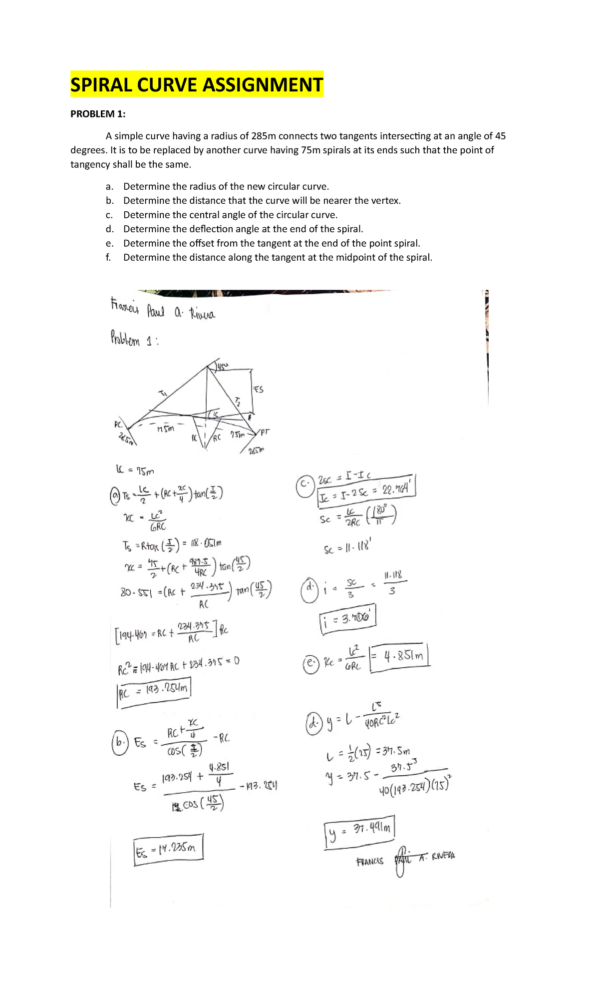 Spiral Curve Assignment: Analysis of 285m & 75m Spirals - Studocu