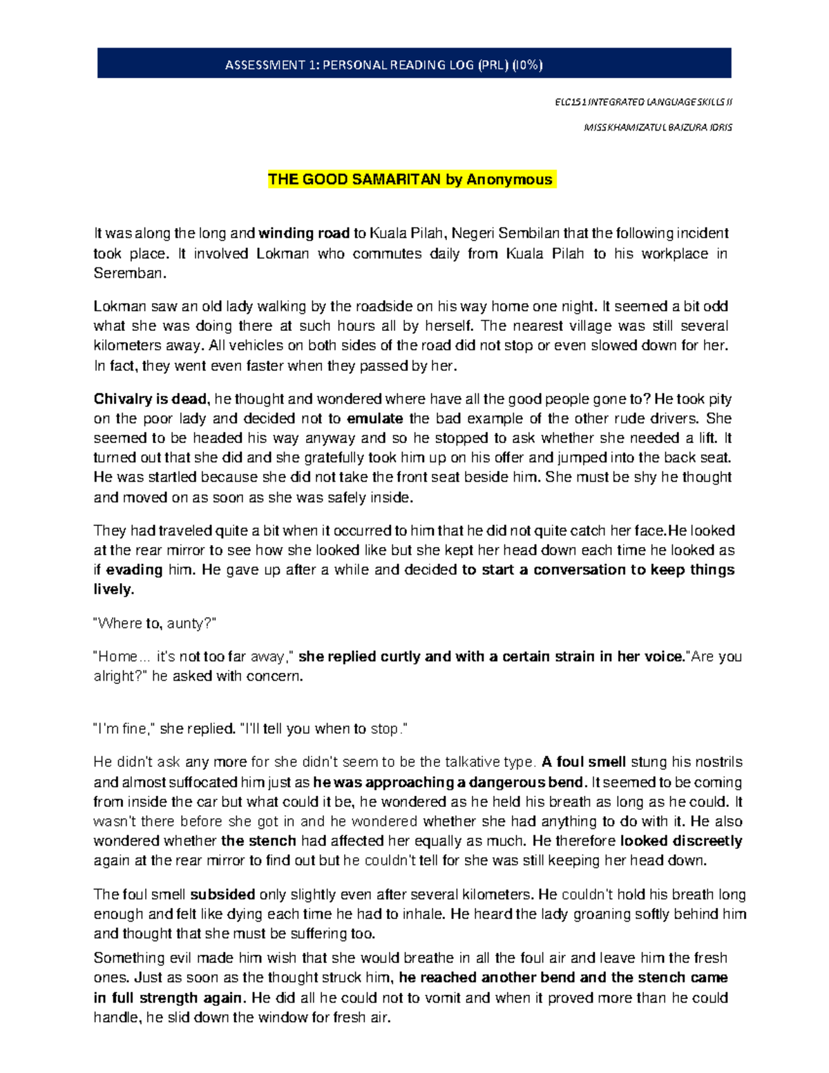 ELC151: Personal Reading Log on The Good Samaritan Narrative - Studocu