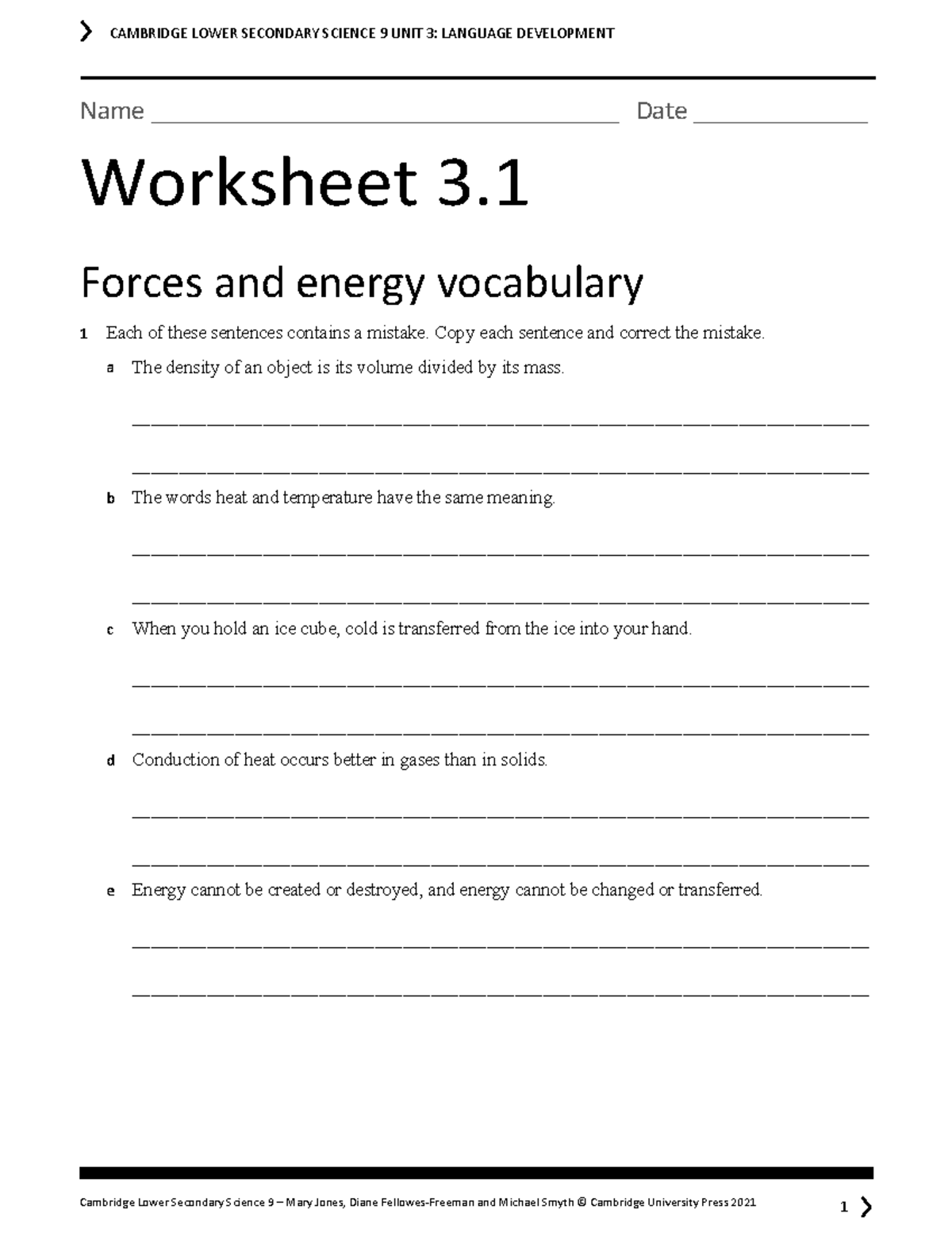 CAMBRIDGE LOWER SECONDARY SCIENCE 9 UNIT 3: FORCE & ENERGY WS - Studocu