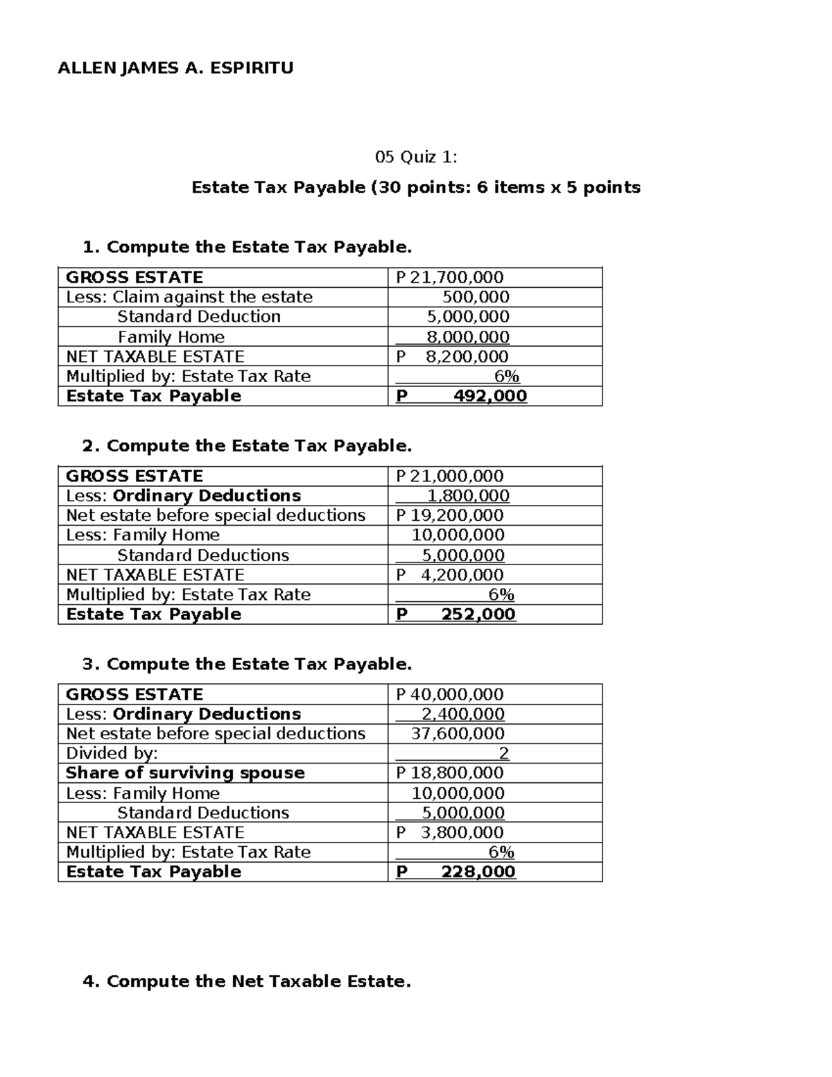 05 Quiz 1: Estate Tax Payable Calculations and Computations - Studocu