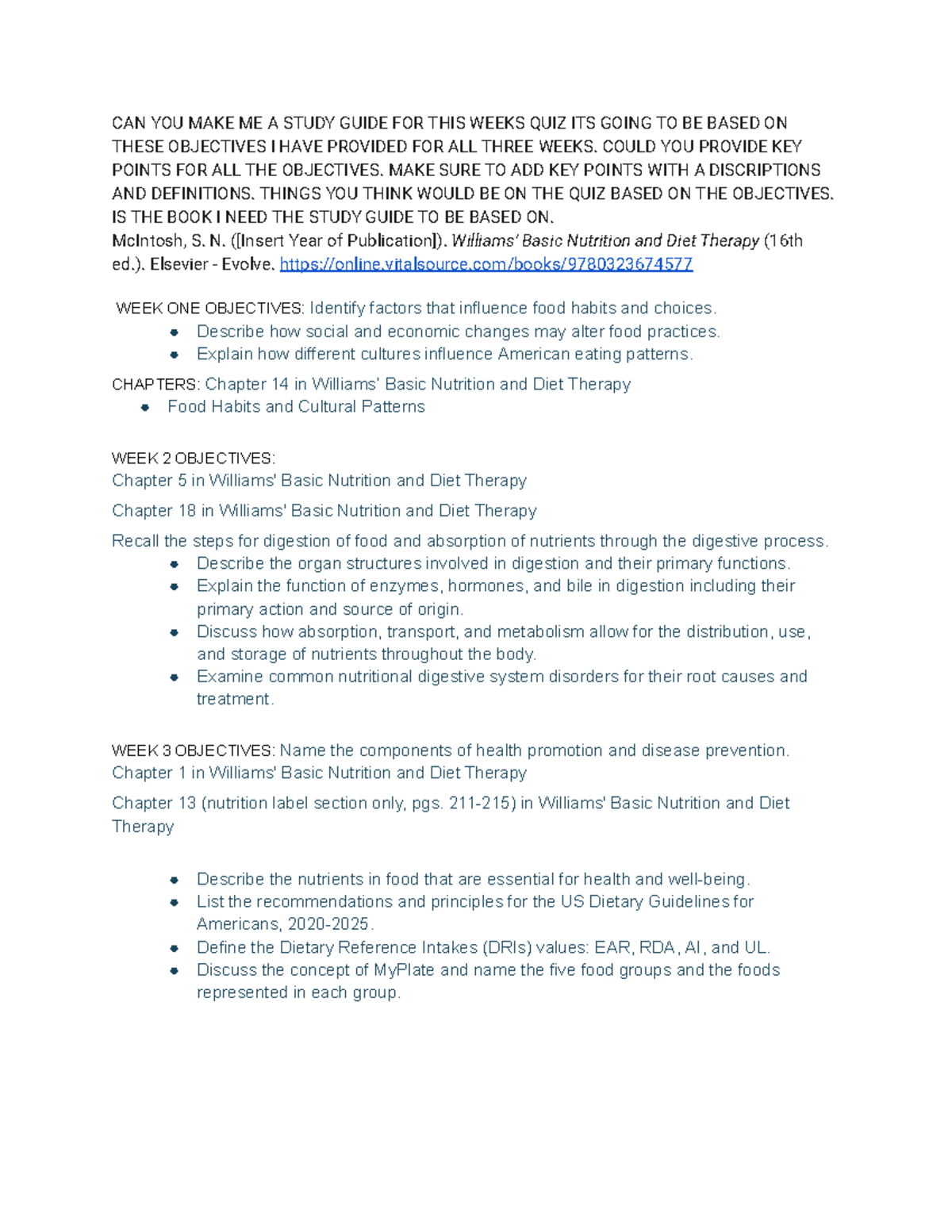 Nutrition Quiz Study Guide (Weeks 1-3) - Based on Basic Nutrition and ...