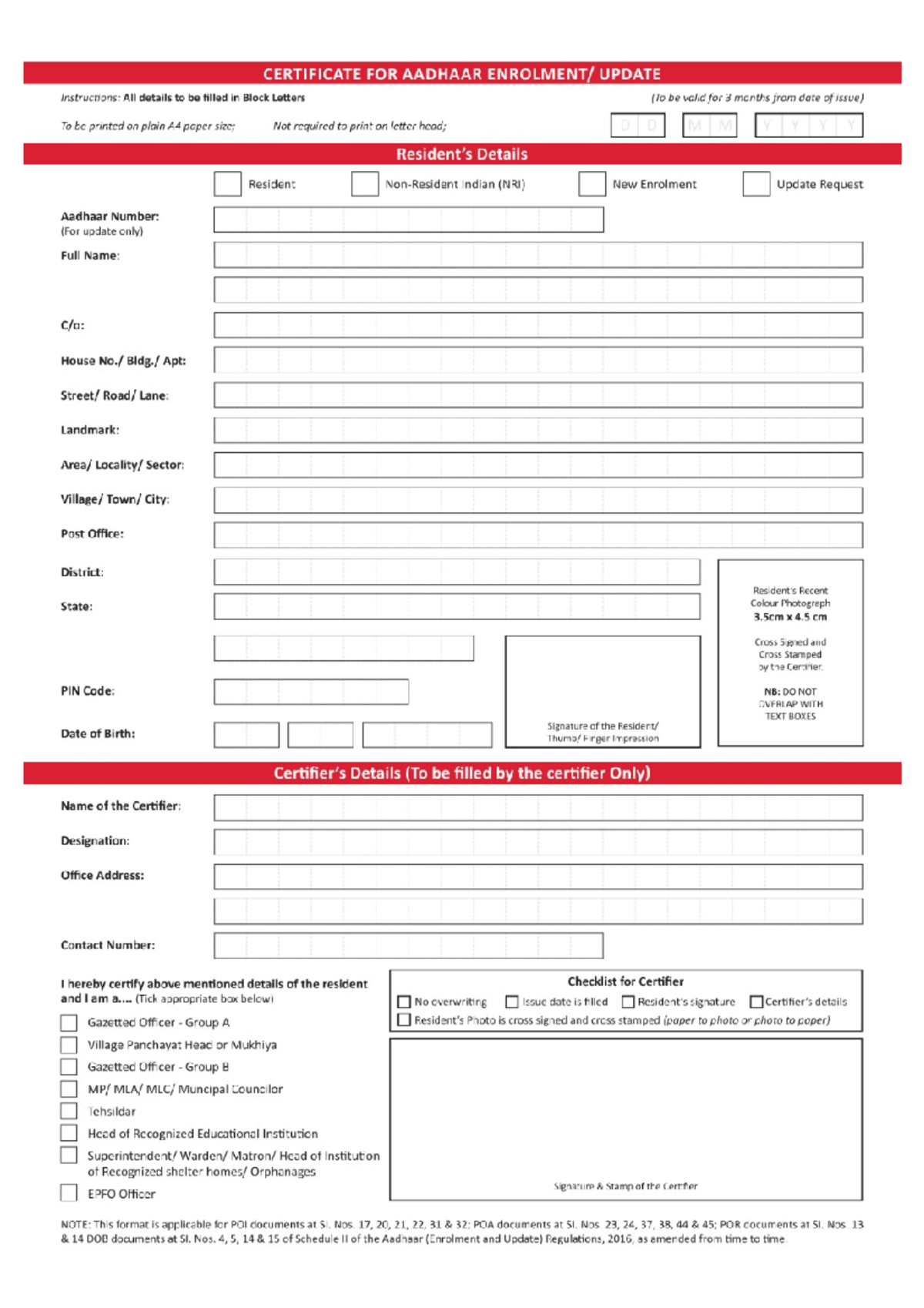 Aadhaar Update Cert. Form - Essential Instructions for Residents - Studocu
