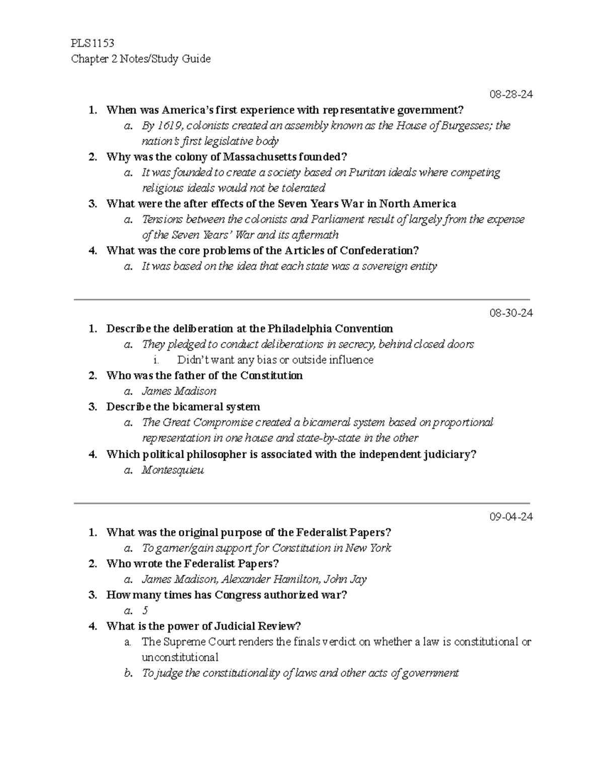 PLS1153 Chapter 2 Study Guide: Foundations of American Government - Studocu