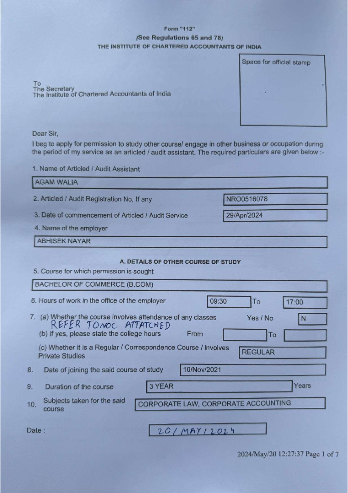 Application for Permission to Pursue B.Com During Articleship - Form ...