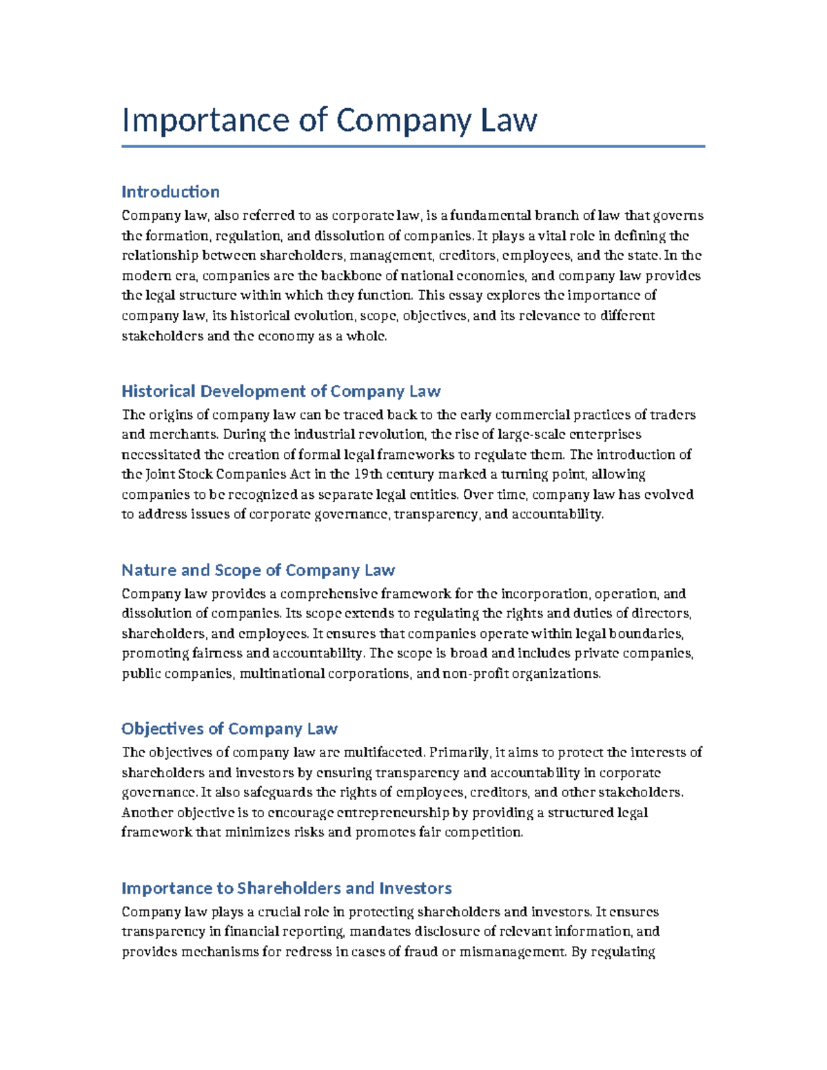 Importance of Company Law: A Comprehensive Overview - Studocu