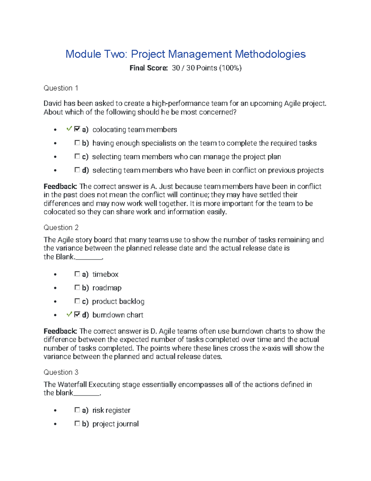 Module Two - PM Methodologies: Agile & Waterfall Concepts Quiz - Studocu