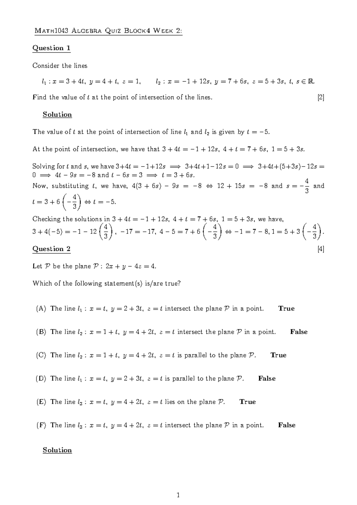 Algebra Quiz week 2 solutions - Block 4 - Math 1043 Algebra Quiz Block4 ...