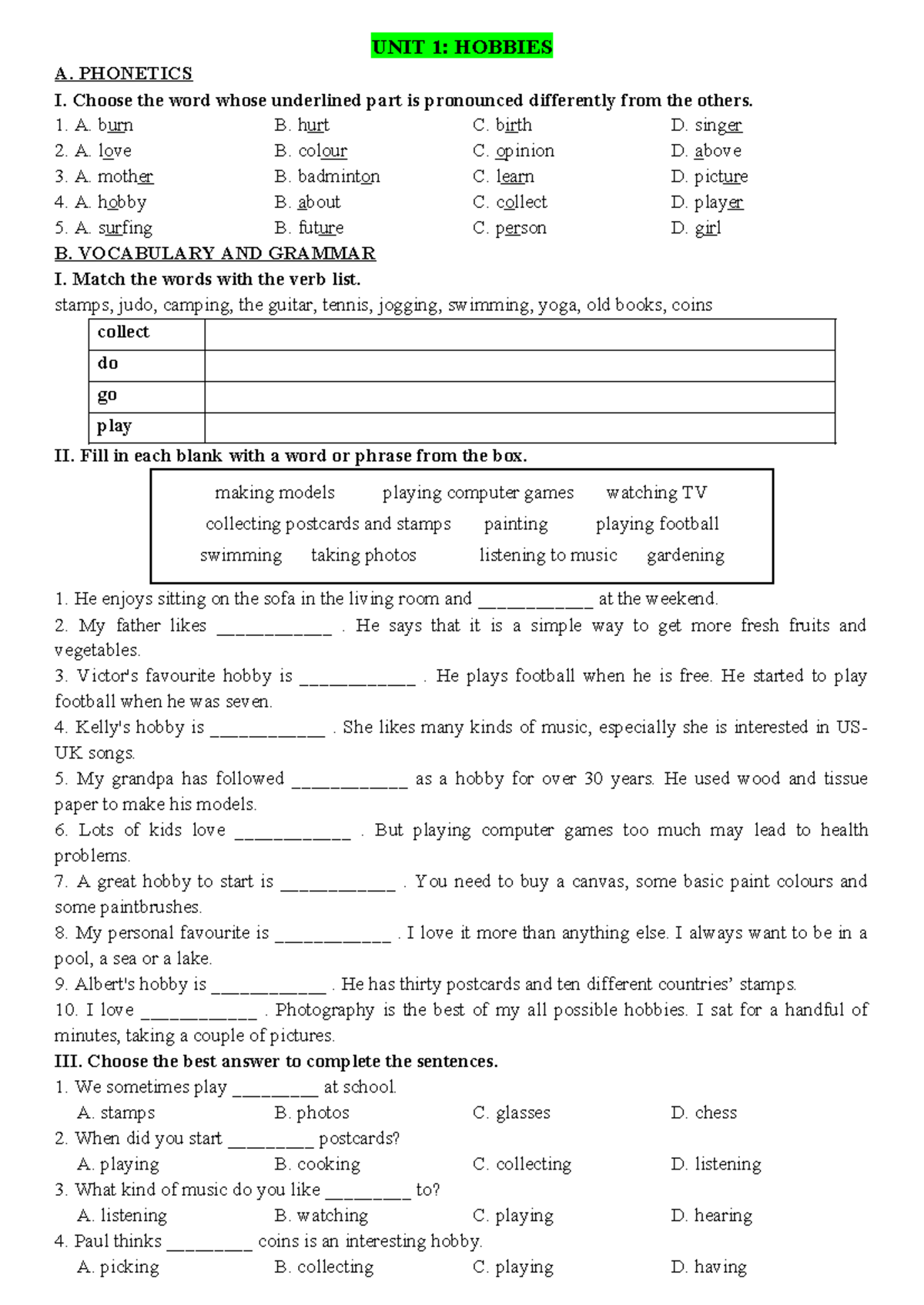 A7. UNIT 1: HOBBIES - Phonetics, Vocabulary & Grammar Exercises - Studocu