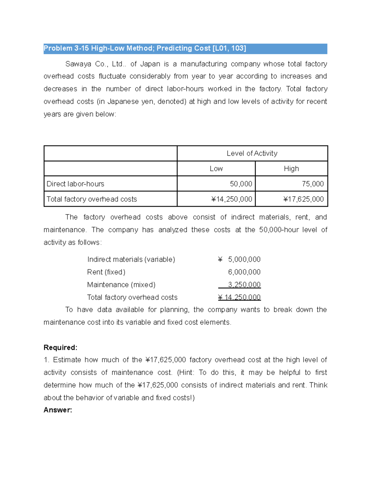 Module 3 - Activity 1: Using High-Low Method for Cost Estimation [L01 ...