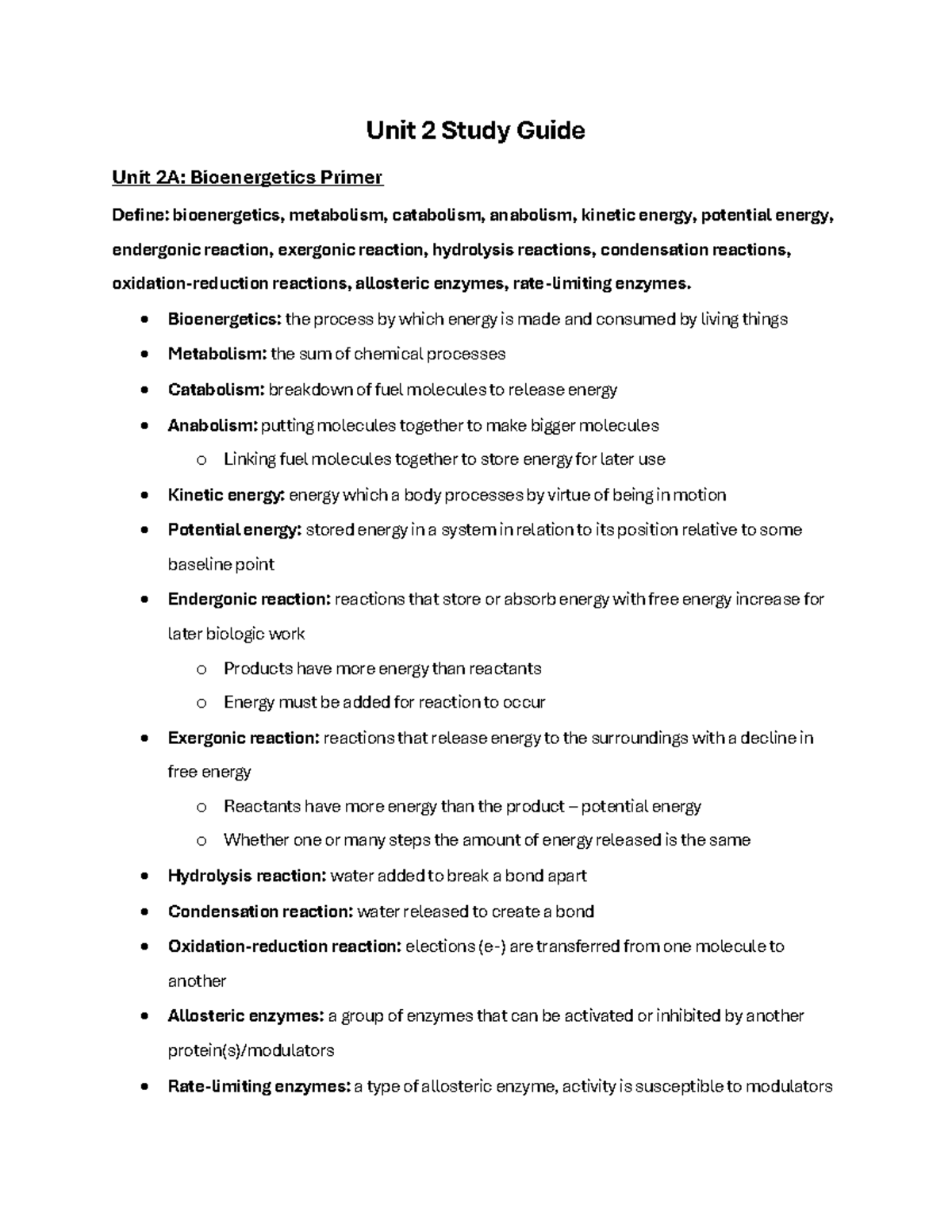 Unit 2 Study Guide: Bioenergetics & Energy Systems in Exercise - Studocu