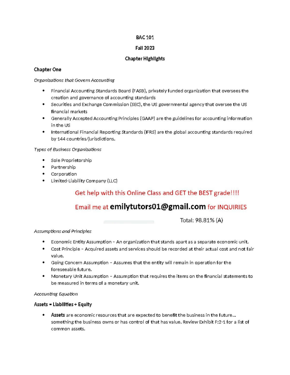 BAC 101 Fall 2023 Chapter Highlights: Organizations & Accounting ...