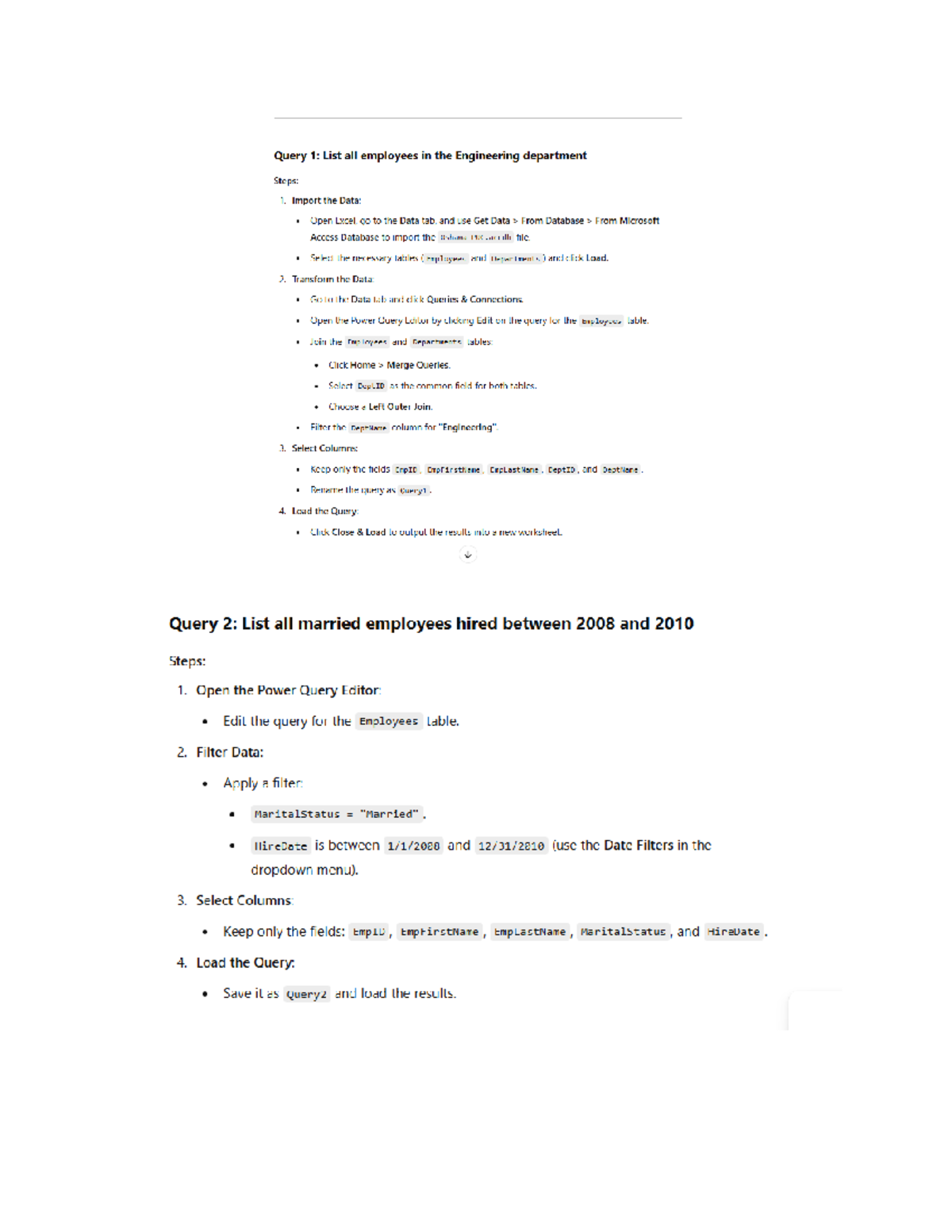 Power Query Guide: Creating Employee Queries in Excel - Studocu